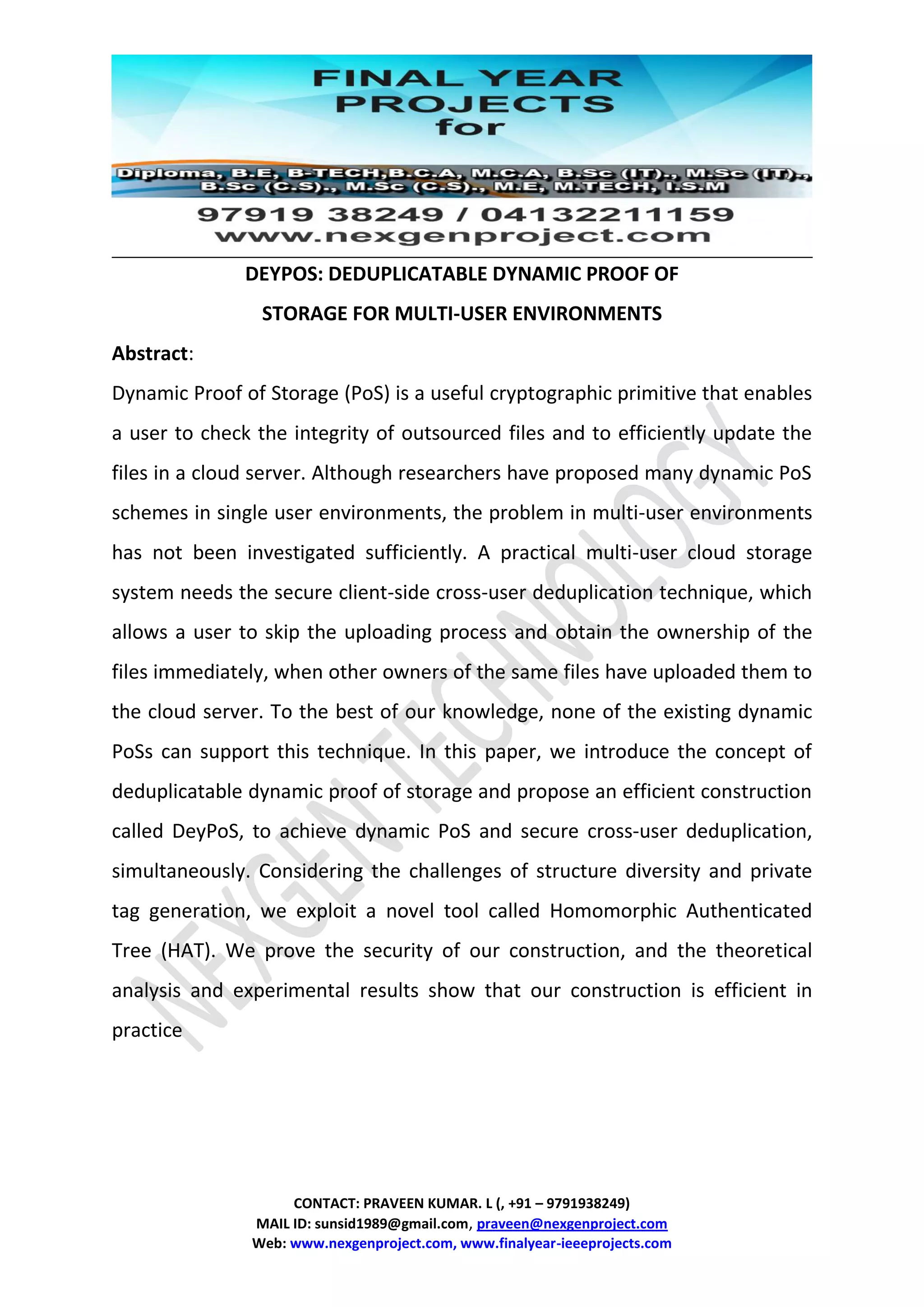 DEYPOS: DEDUPLICATABLE DYNAMIC PROOF OF STORAGE FOR MULTI-USER ENVIRONMENTS | PDF