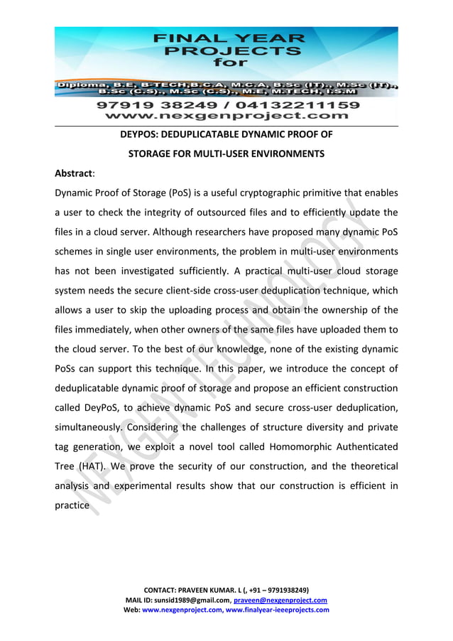DEYPOS: DEDUPLICATABLE DYNAMIC PROOF OF STORAGE FOR MULTI-USER ENVIRONMENTS | PDF