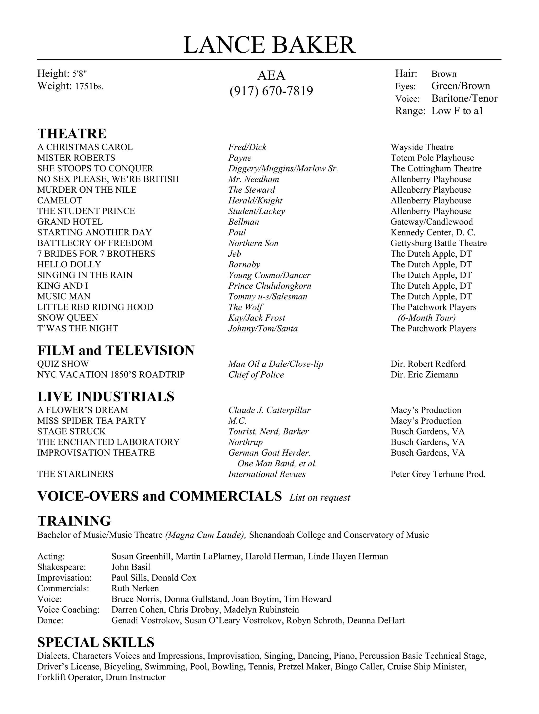 Lance Baker Acting Resume | DOC | Musicals | Genres