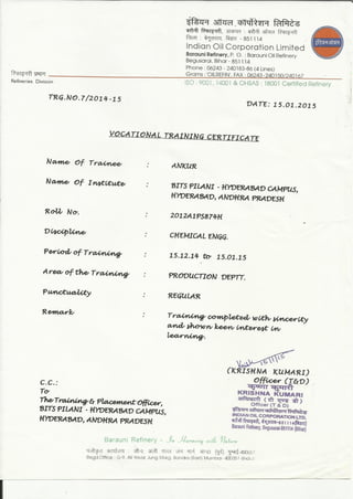 training certificate IOCL | PDF