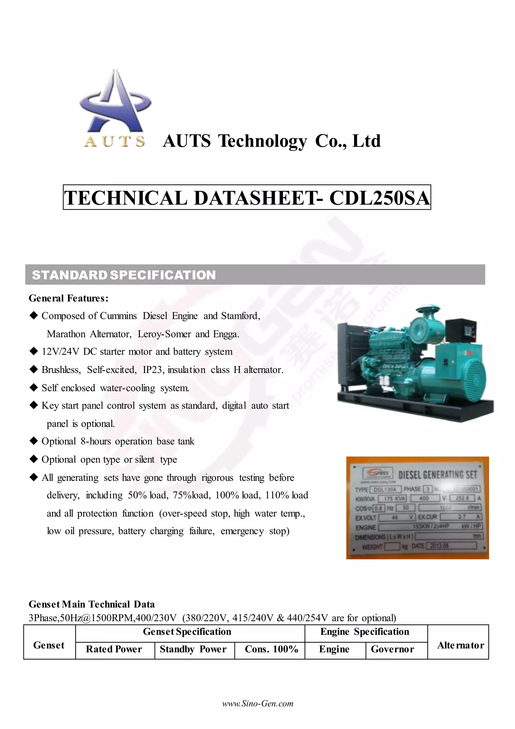 Data Sheet-Cummins 250KW Diesel Genset(NTA855-G2) | DOCX