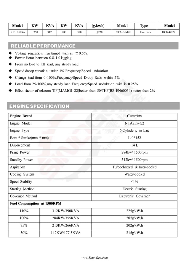 Data Sheet-Cummins 250KW Diesel Genset(NTA855-G2) | DOCX