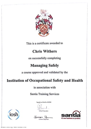 Iosh Managing Safely Certificate | PDF
