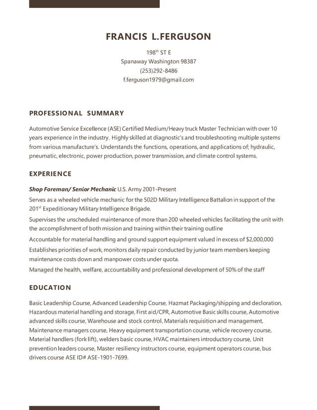 Frank Mechanic Resume | DOCX