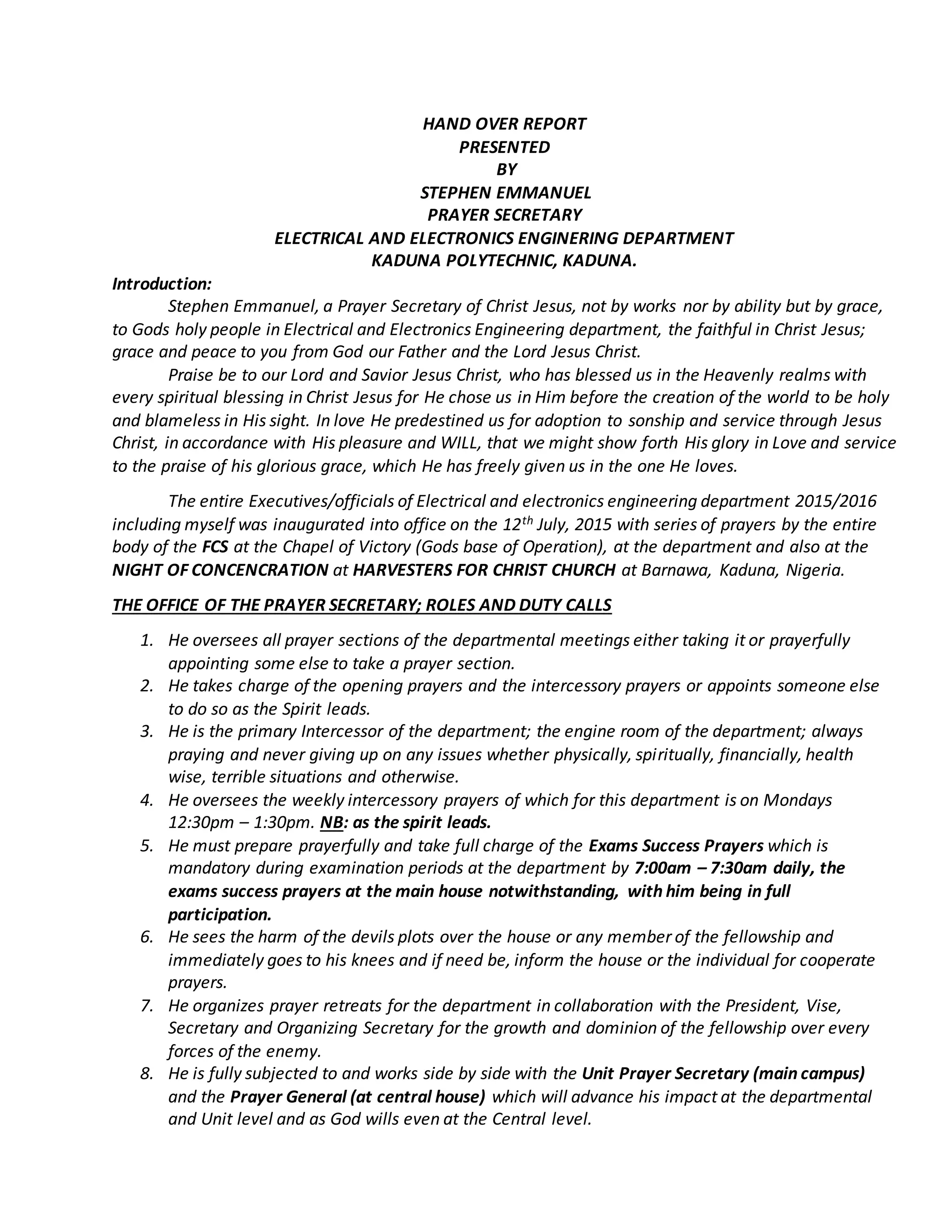 STEPHEN EMMANUEL's HAND OVER REPORT | DOCX