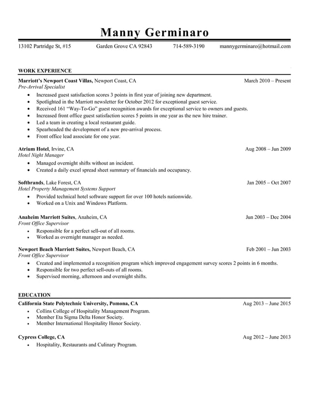 Resume-Manny Germinaro-02.23.15 | Hotels and Motels | Travel Type