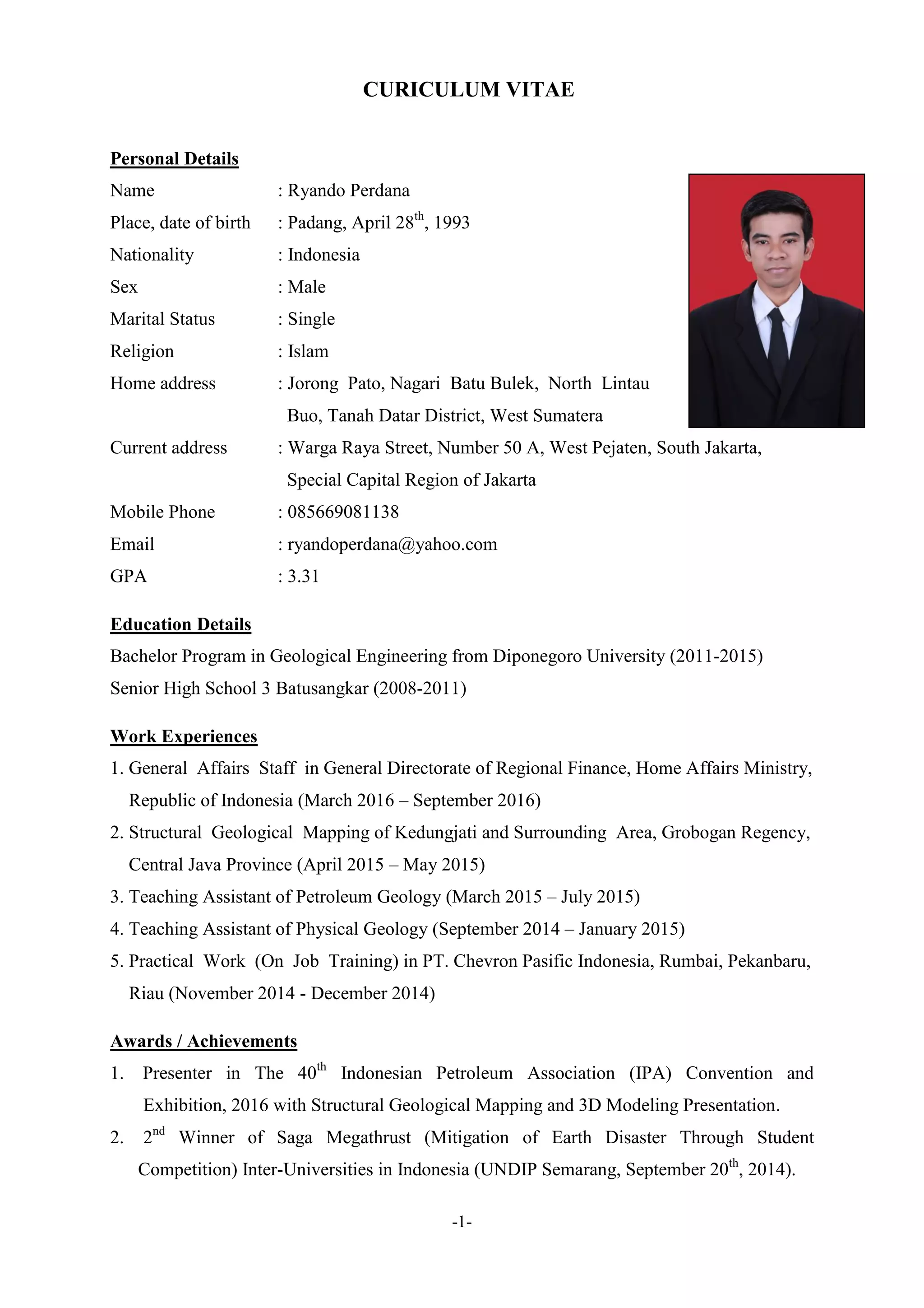 CV Ryando Perdana (2016) | PDF