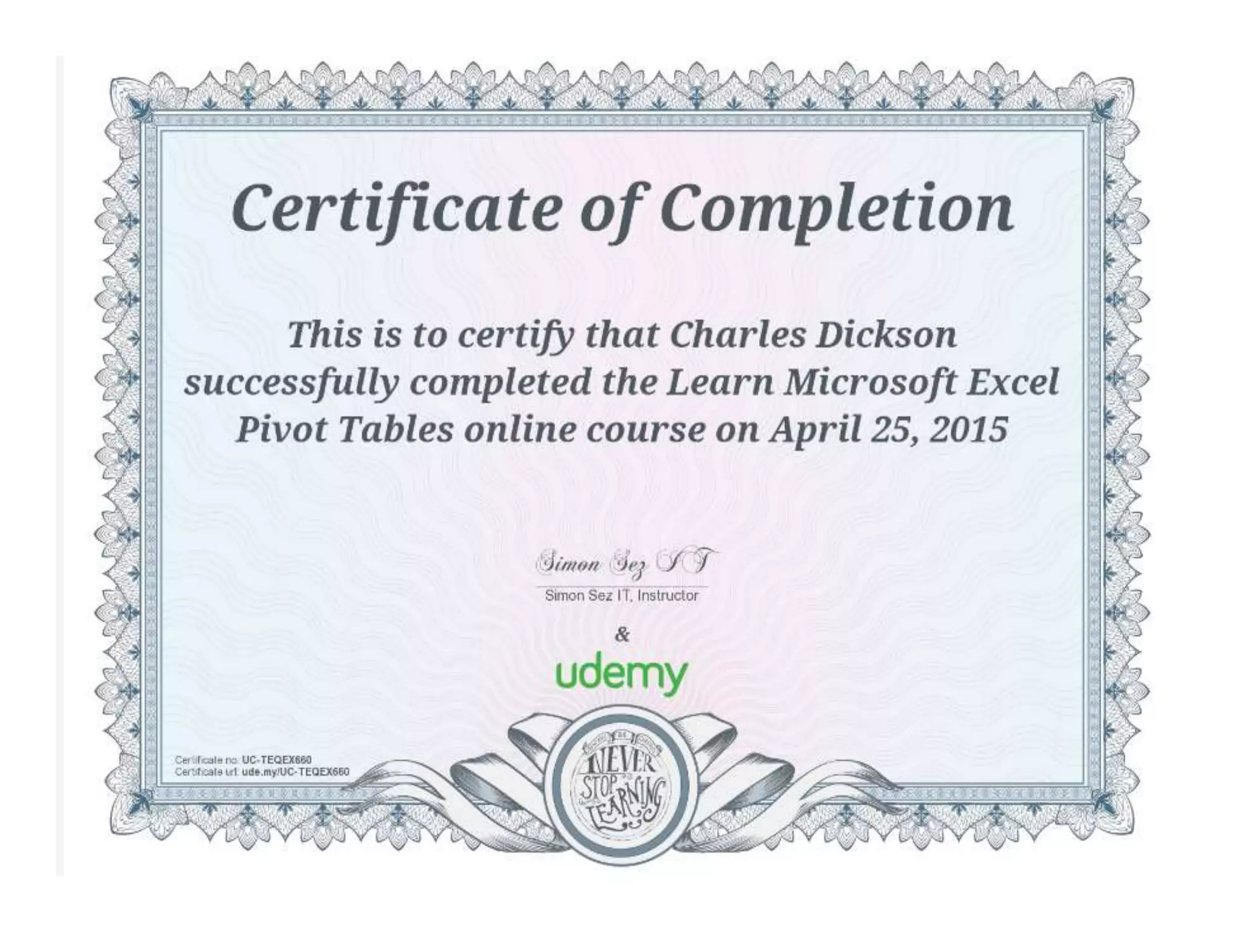 Microsoft Excel Pivot Table CEU Certificate | DOCX