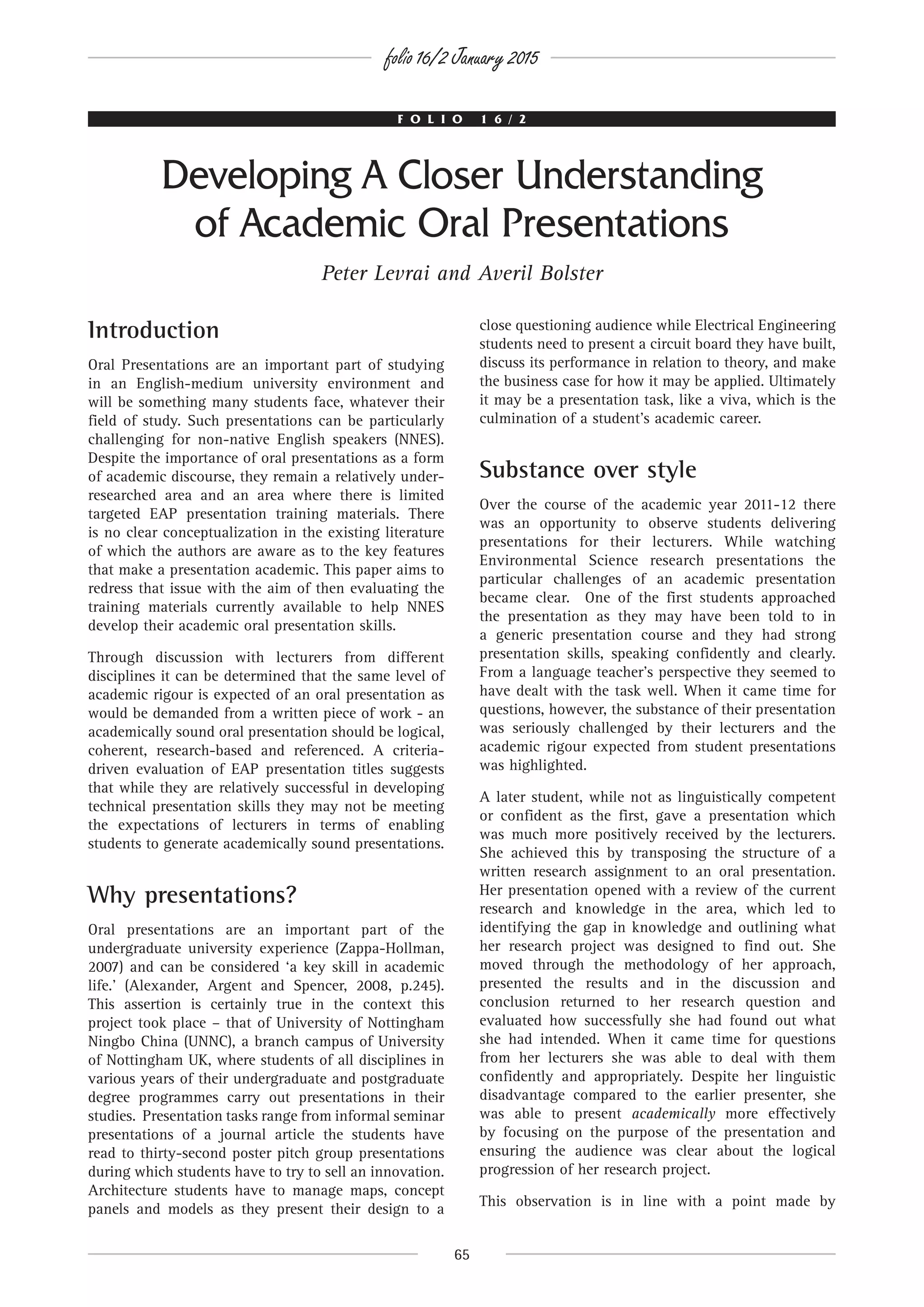 Developing A Closer Understanding of Academic Presentations - Folio | PDF
