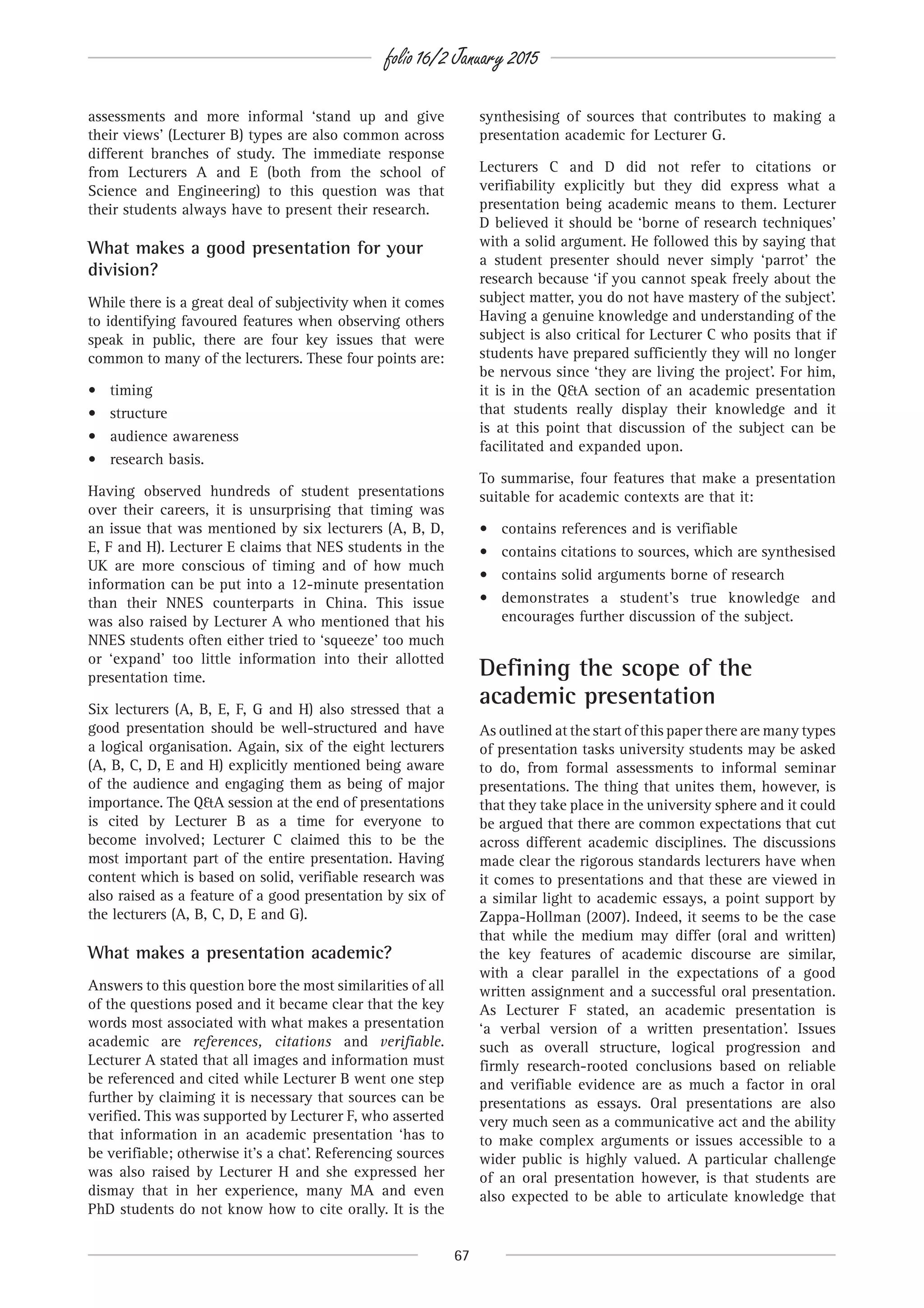 Developing A Closer Understanding of Academic Presentations - Folio | PDF