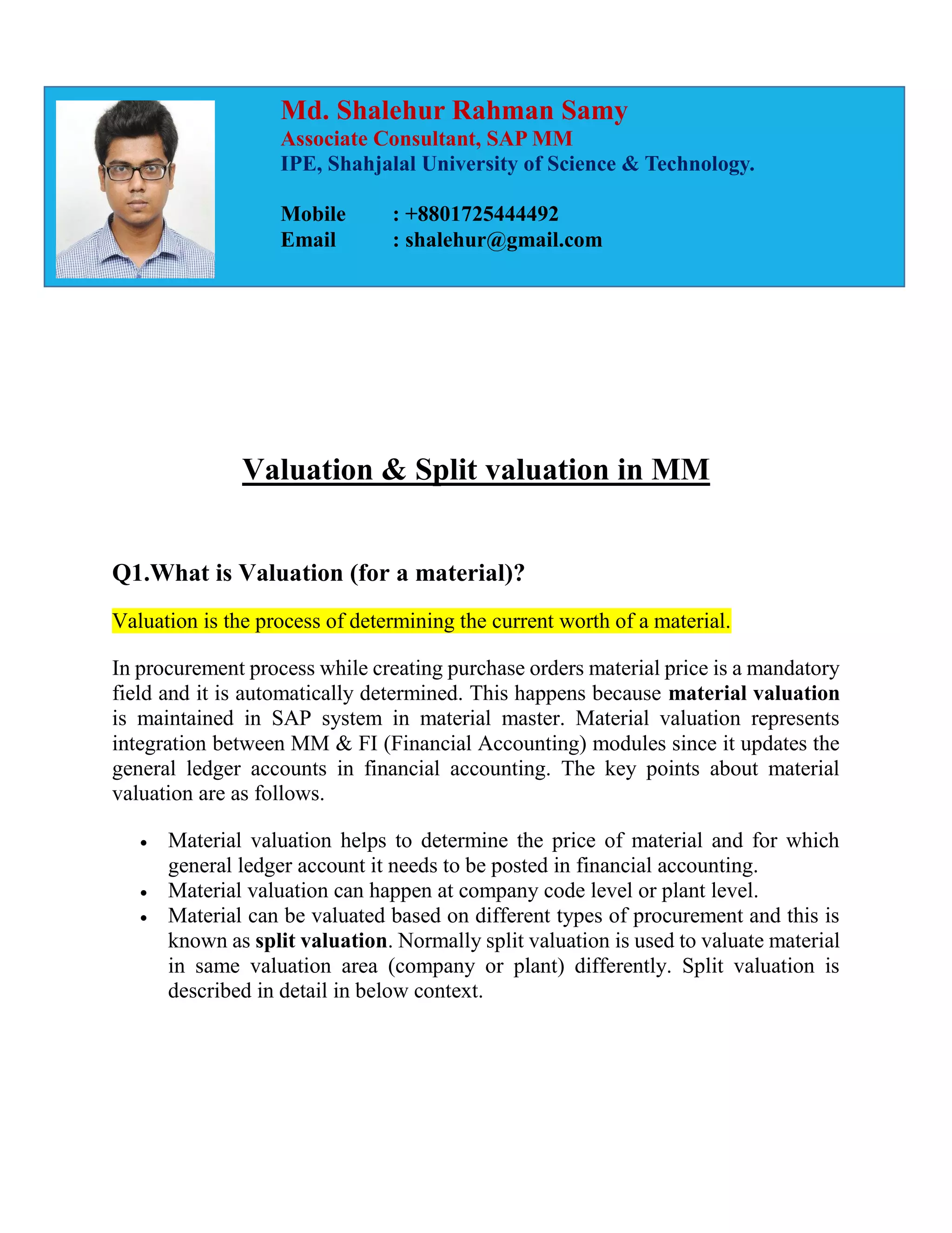Valuation & Split valuation in MM | PDF