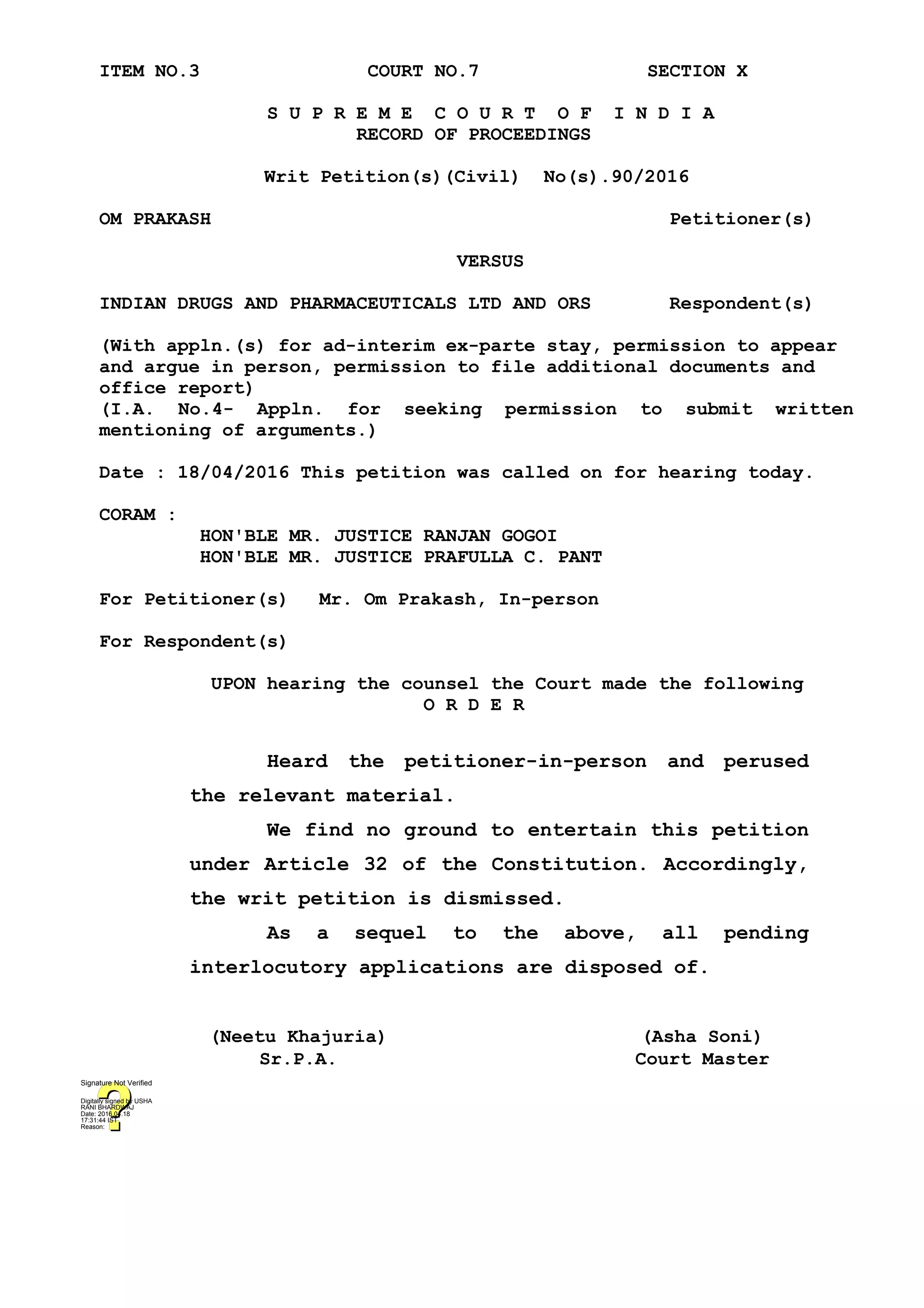 Order dated 18.04.2016 in Writ Civil 90 of 2016 by SC | PDF