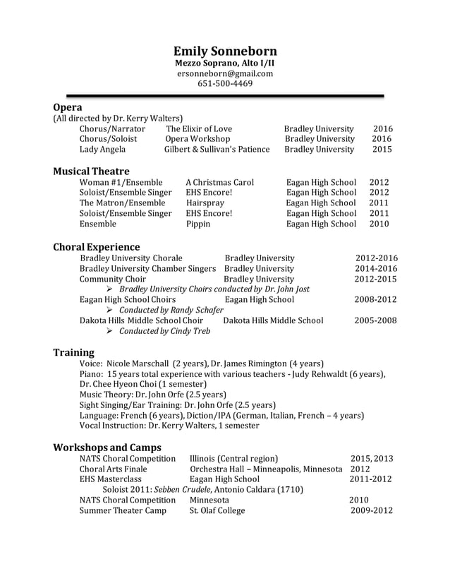 Emily Sonneborn Vocal-Choral Resume | DOCX | Music | Entertainment