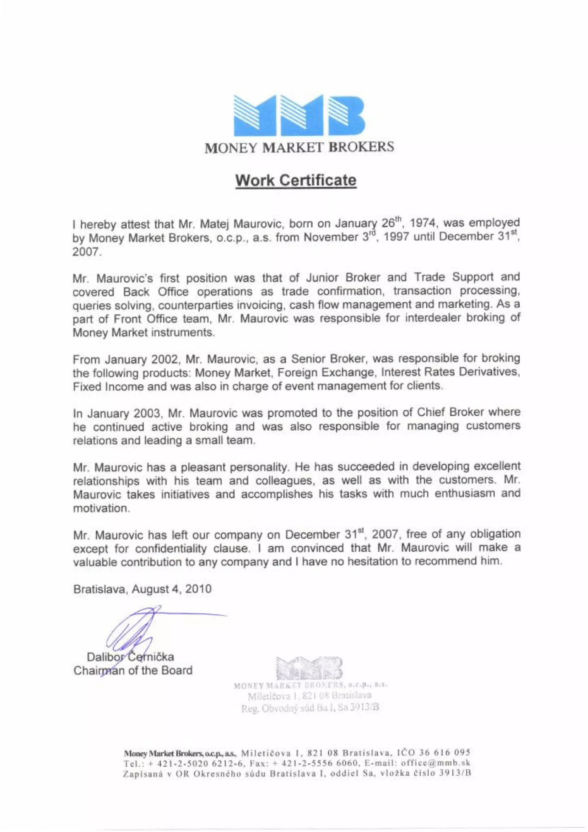 MAUROVIC_MMB_Work_Certificate | PDF