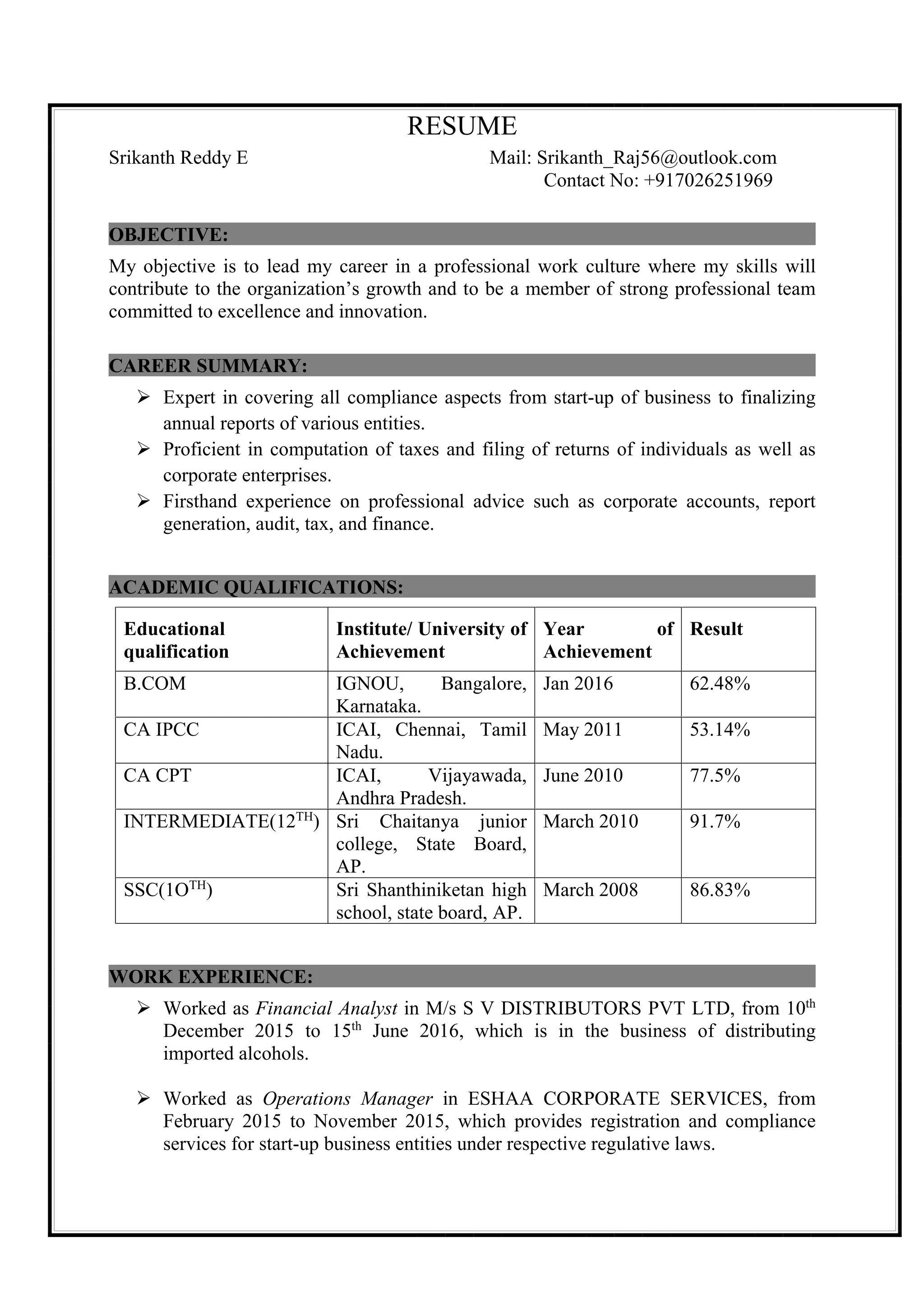 Final Resume of srikanth | PDF | Business Accounting & Finance | Business