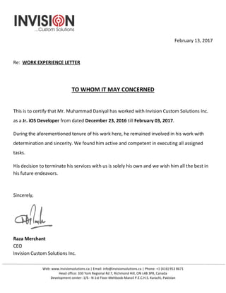 Experience Letter - Daniyal | PDF