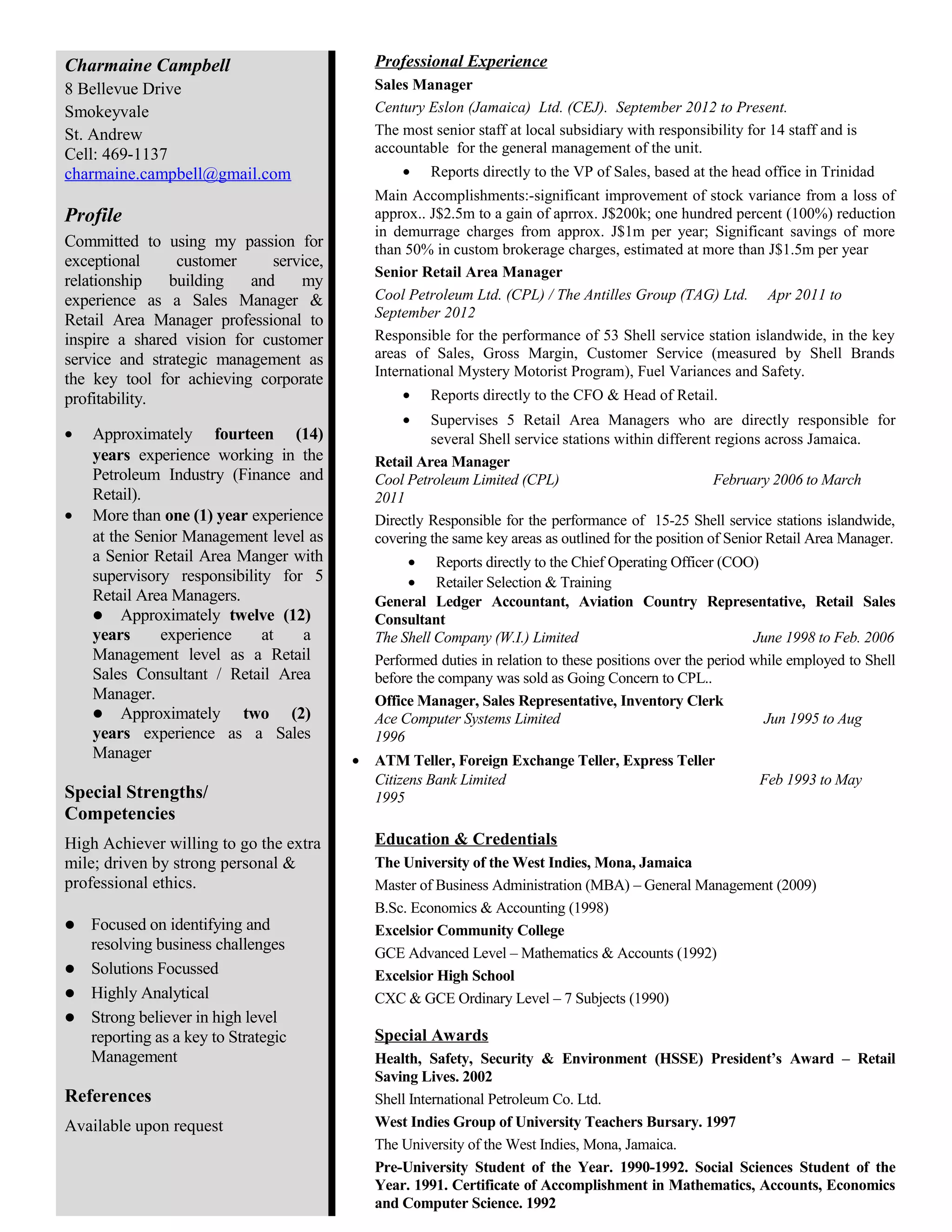 Resume for Charmaine Campbell -27th November 2014 | DOC