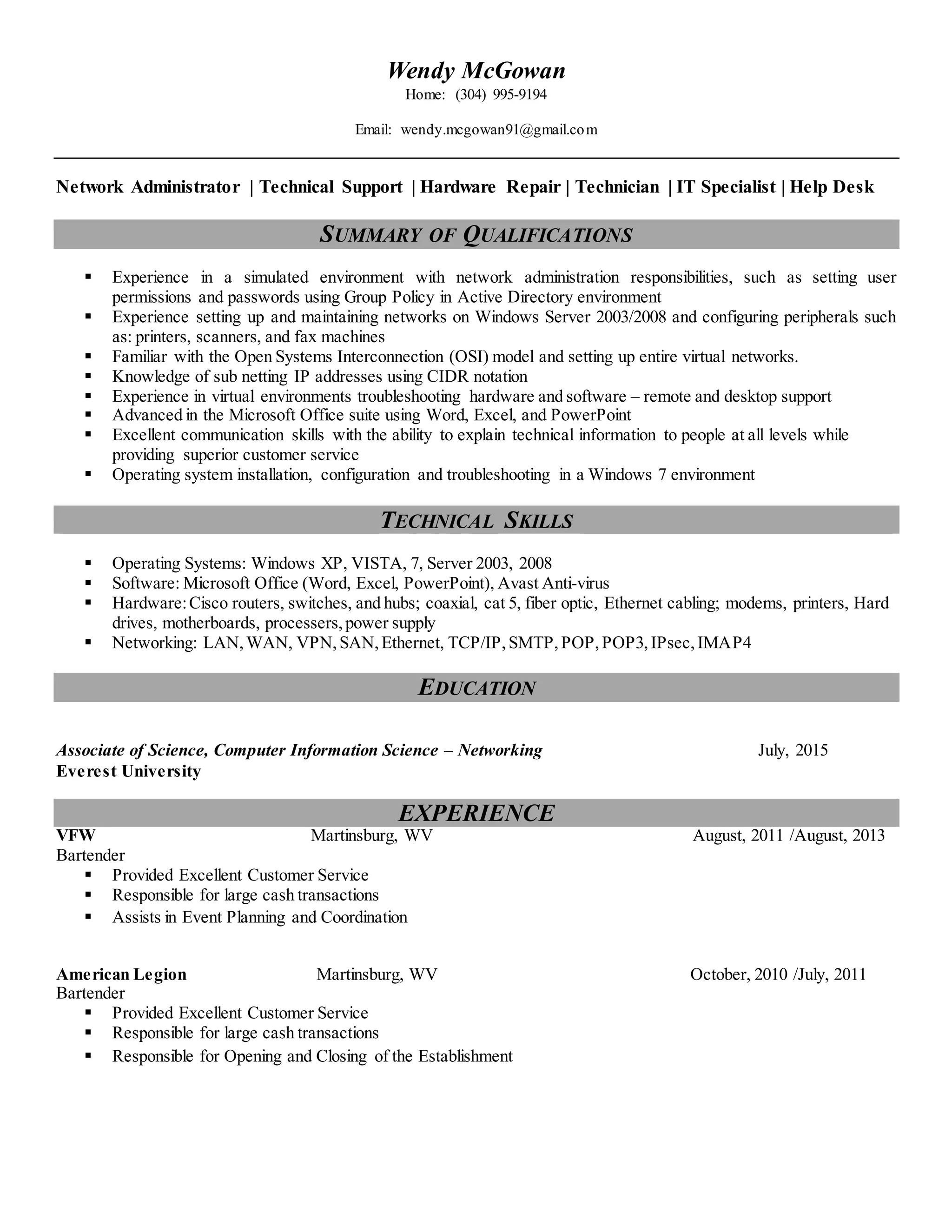 Wendy McGowan CIS AS Networking Resume | PDF