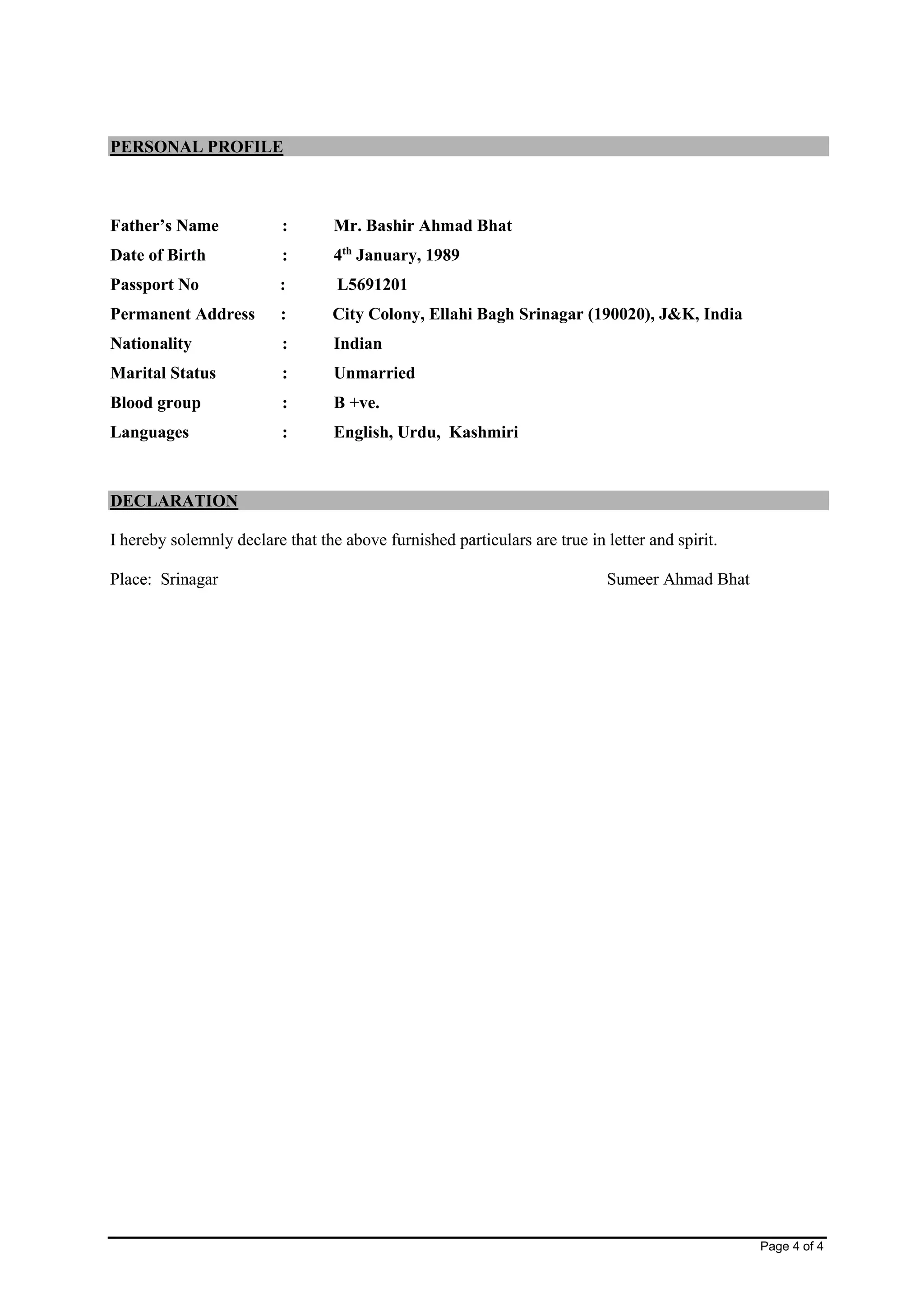 Sumeer Bhat CV | PDF