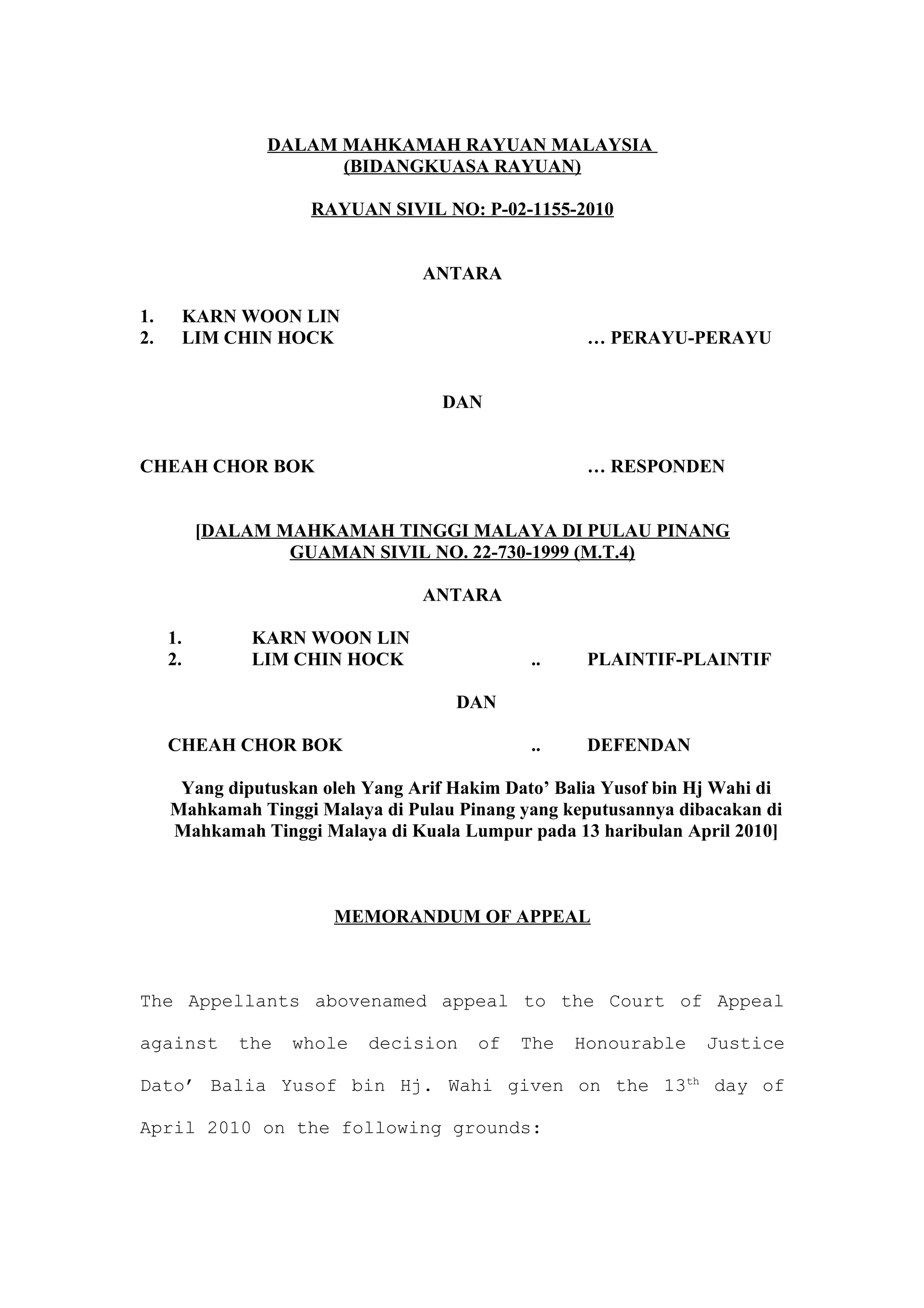 Karn Woon Lin - Memorandum of Appeal | DOC
