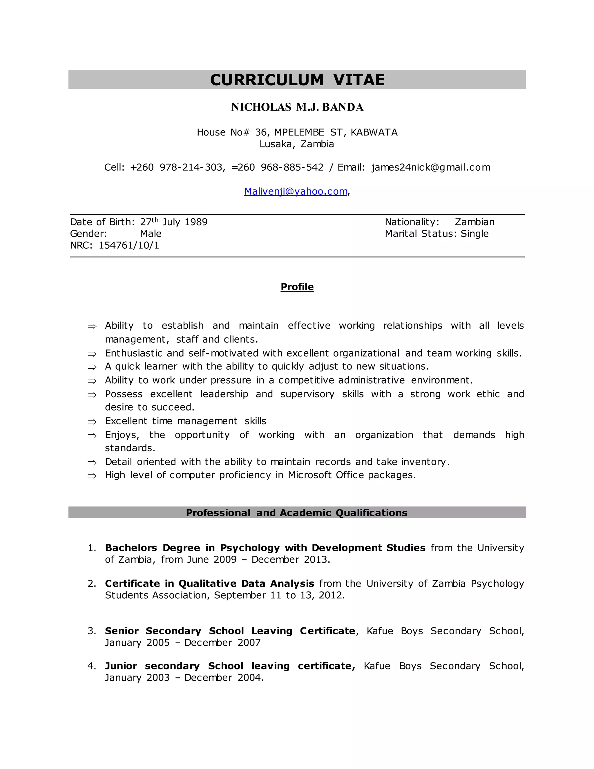 CURRICULUM VITAE NICHOLAS MJ BANDA | DOCX | Education