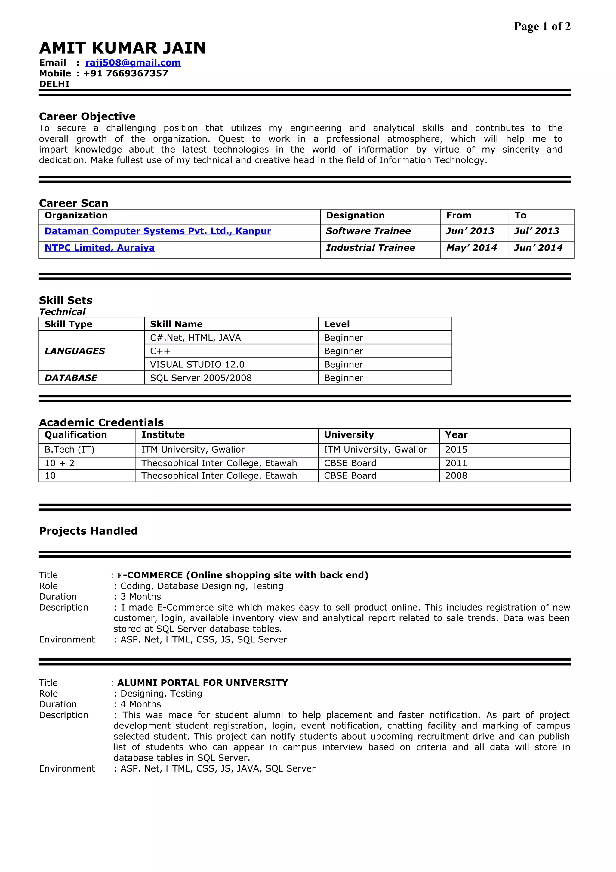 AMIT JAIN NEW | DOC | Databases | Computer Software and Applications