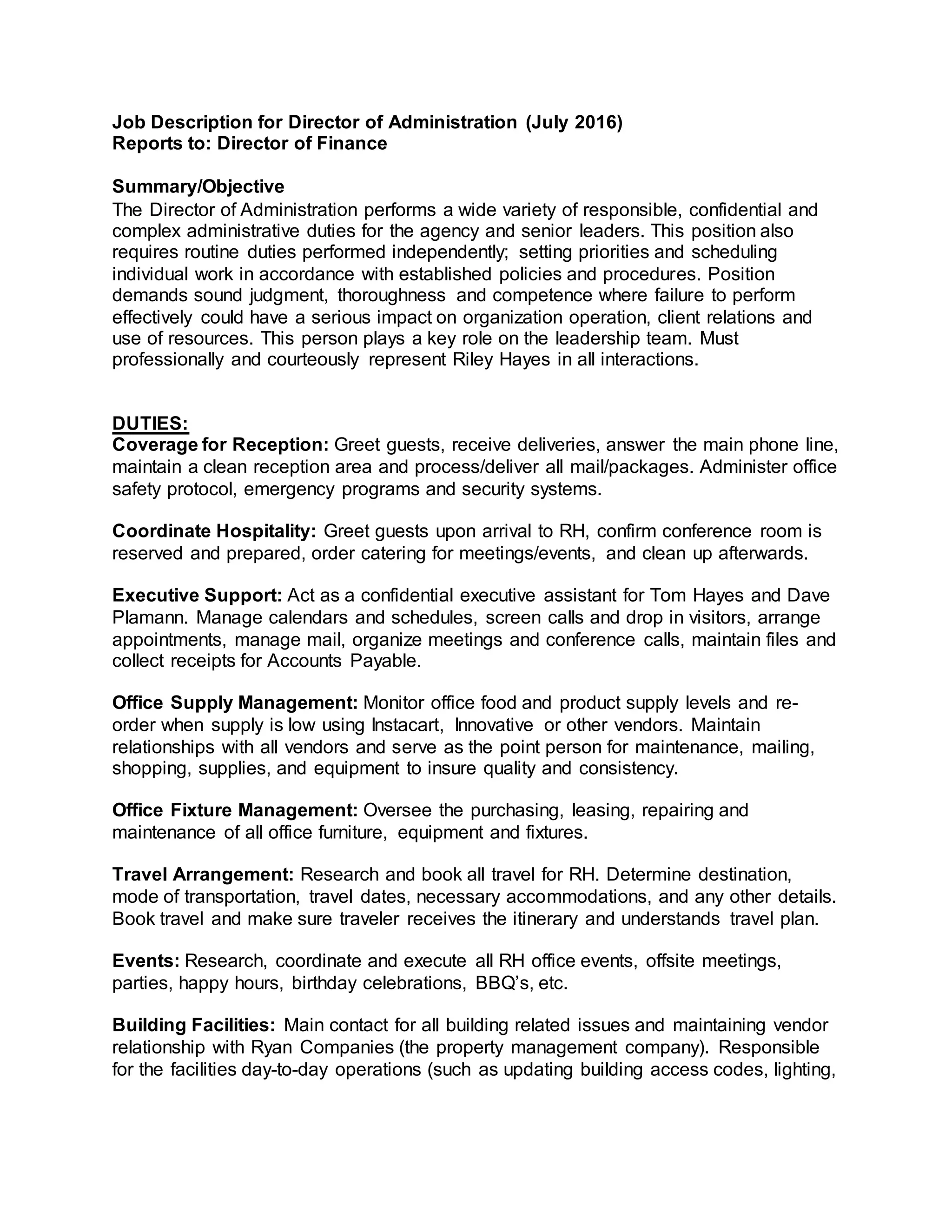 Job Description for Director of Administration | DOCX