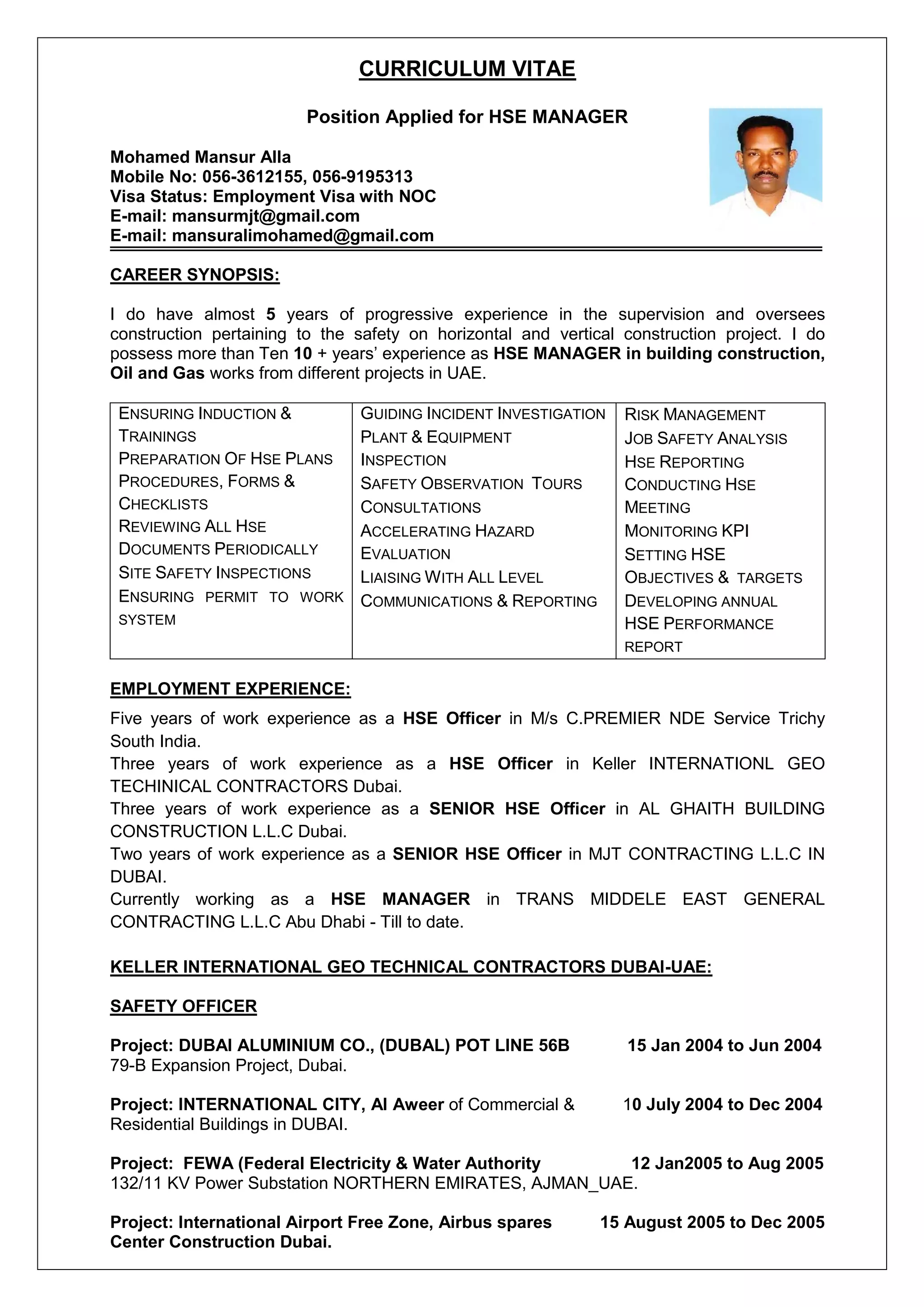 Mansur HSE Manager - cv | PDF