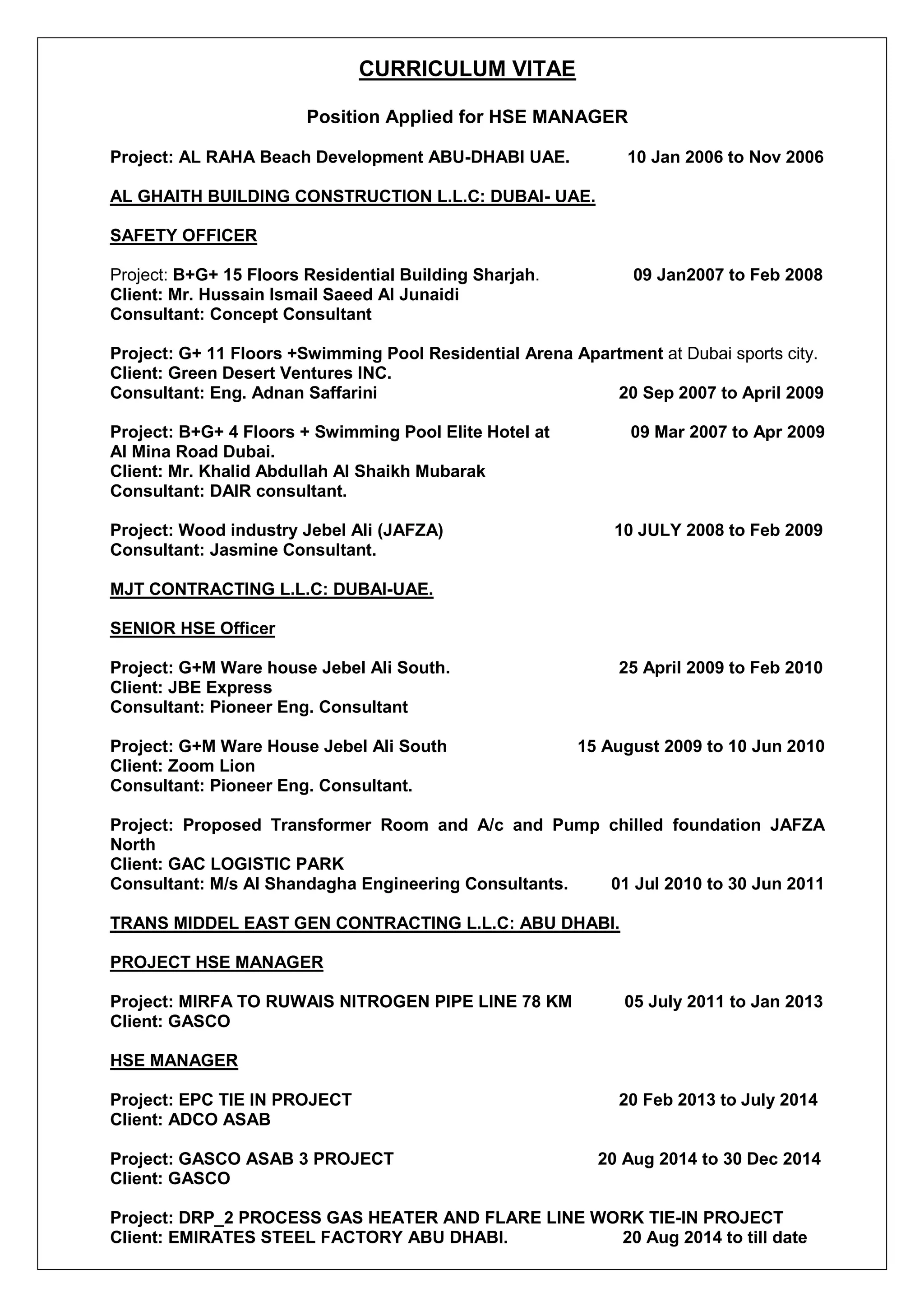 Mansur HSE Manager - cv | PDF