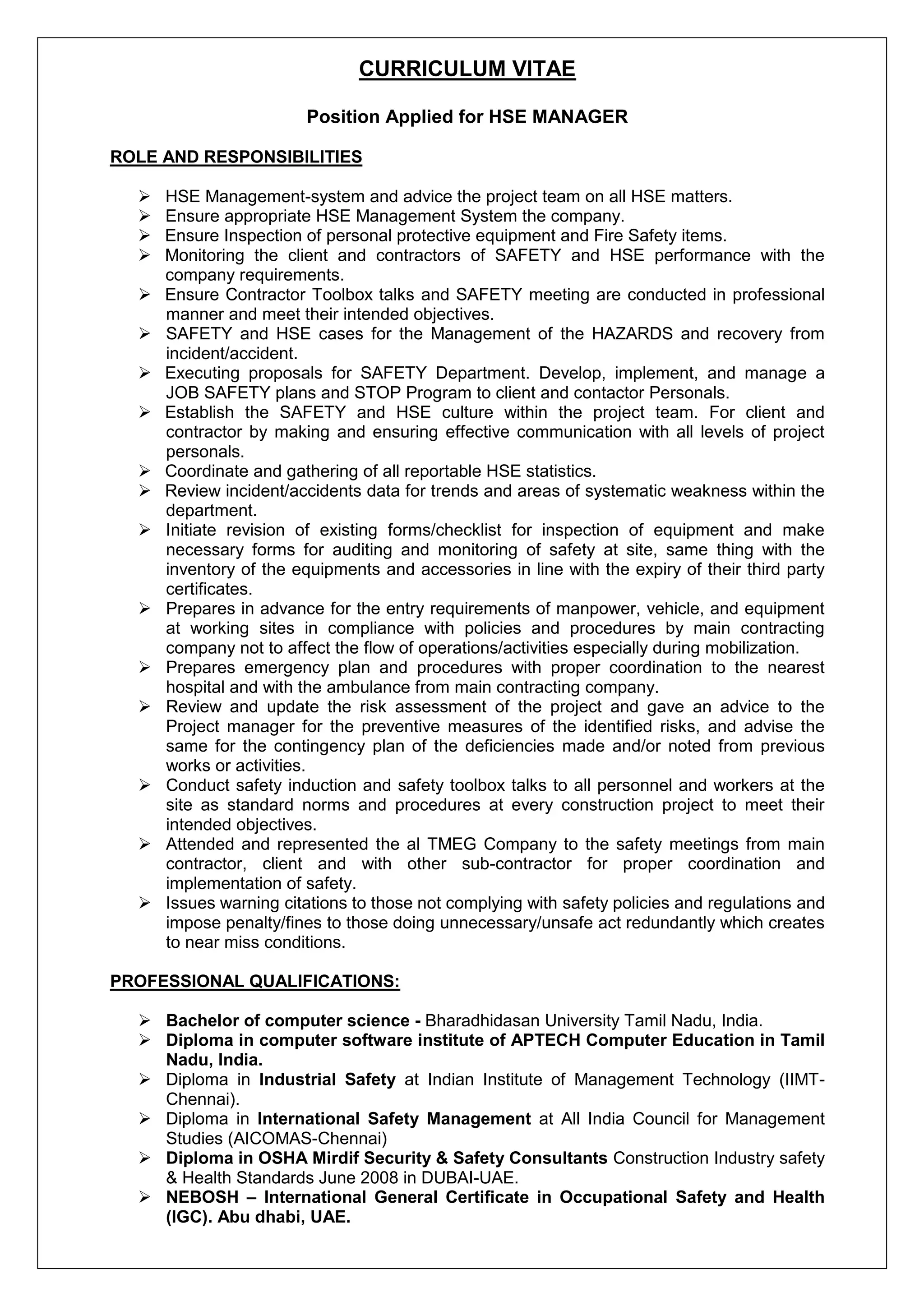 Mansur HSE Manager - cv | PDF