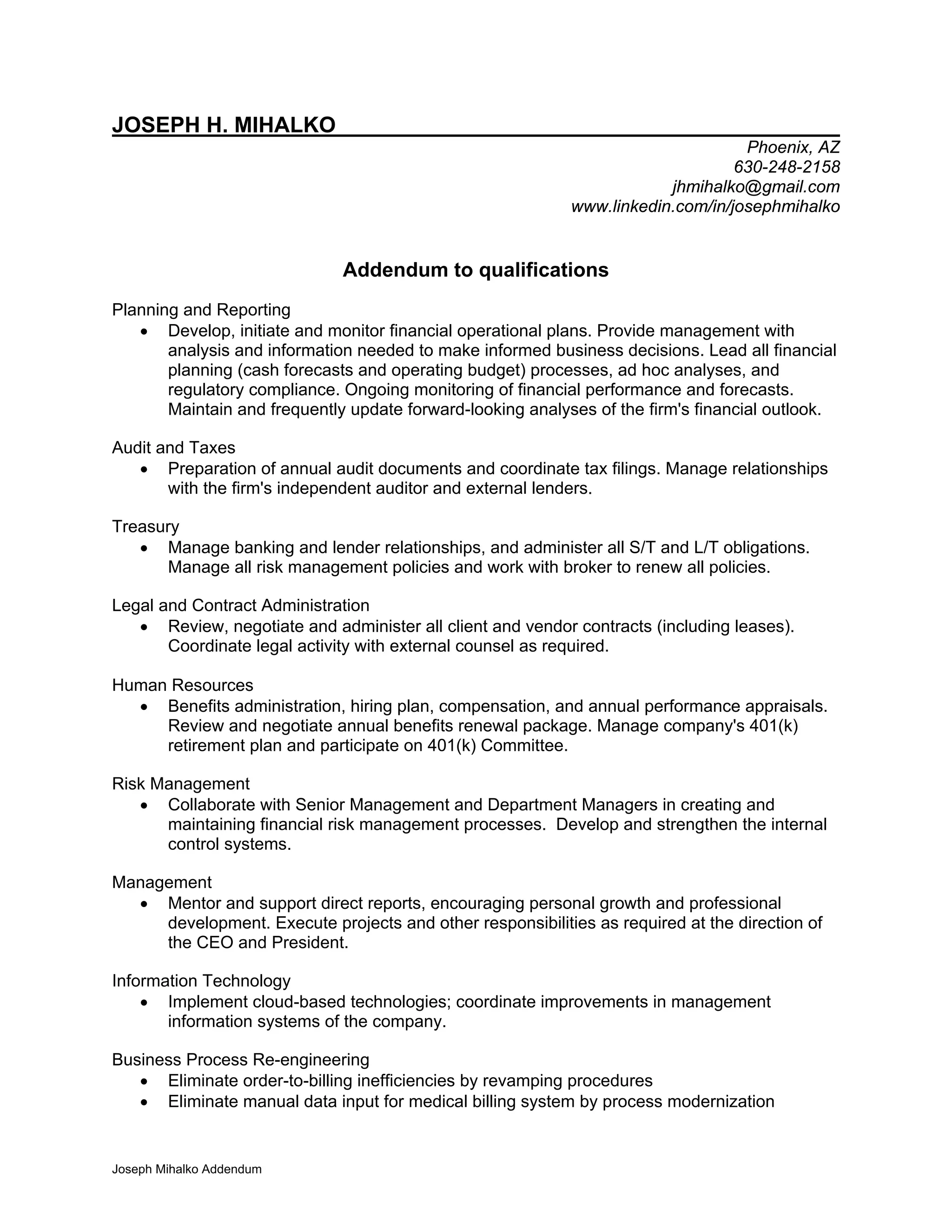 Joe Mihalko resume addendum | PDF
