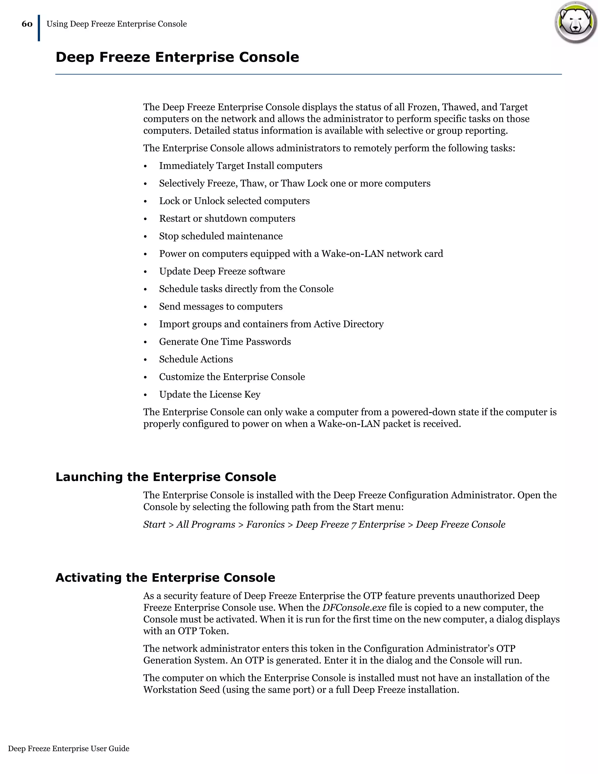 Faronics Deep Freeze Enterprise User Guide | PDF