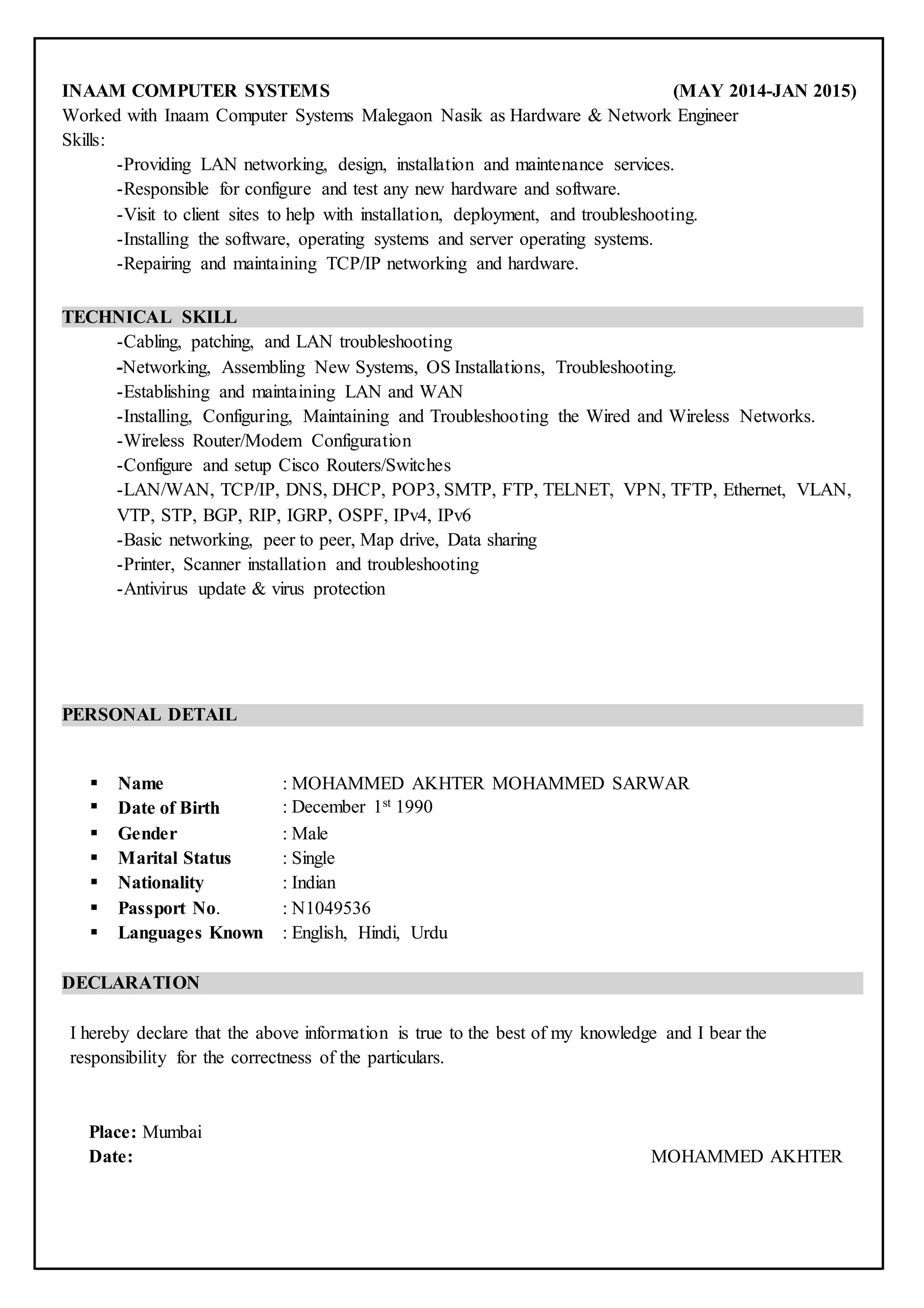 AKHTAR RESUME | DOCX | IT and Internet Support | Internet