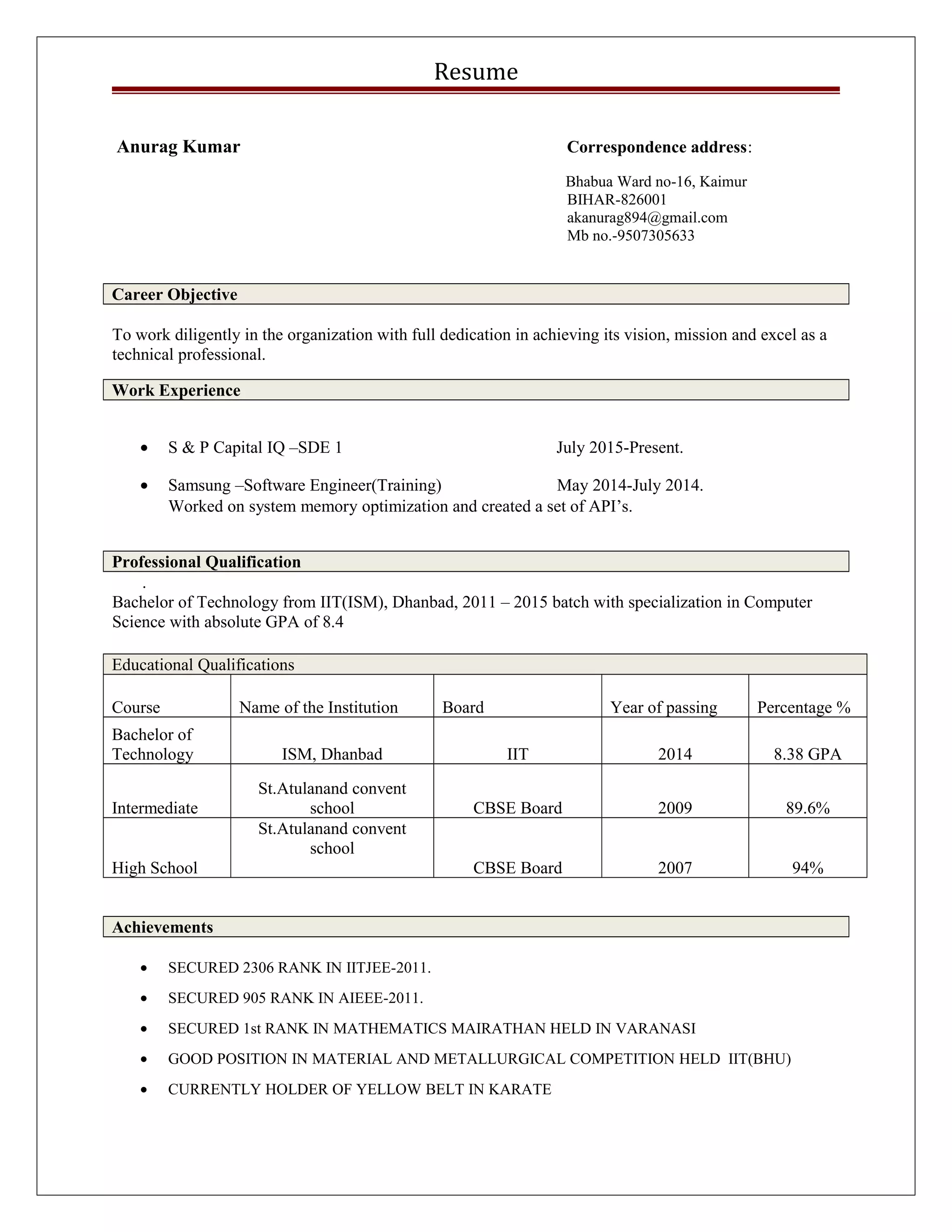 Anurag Kumar Resume | PDF