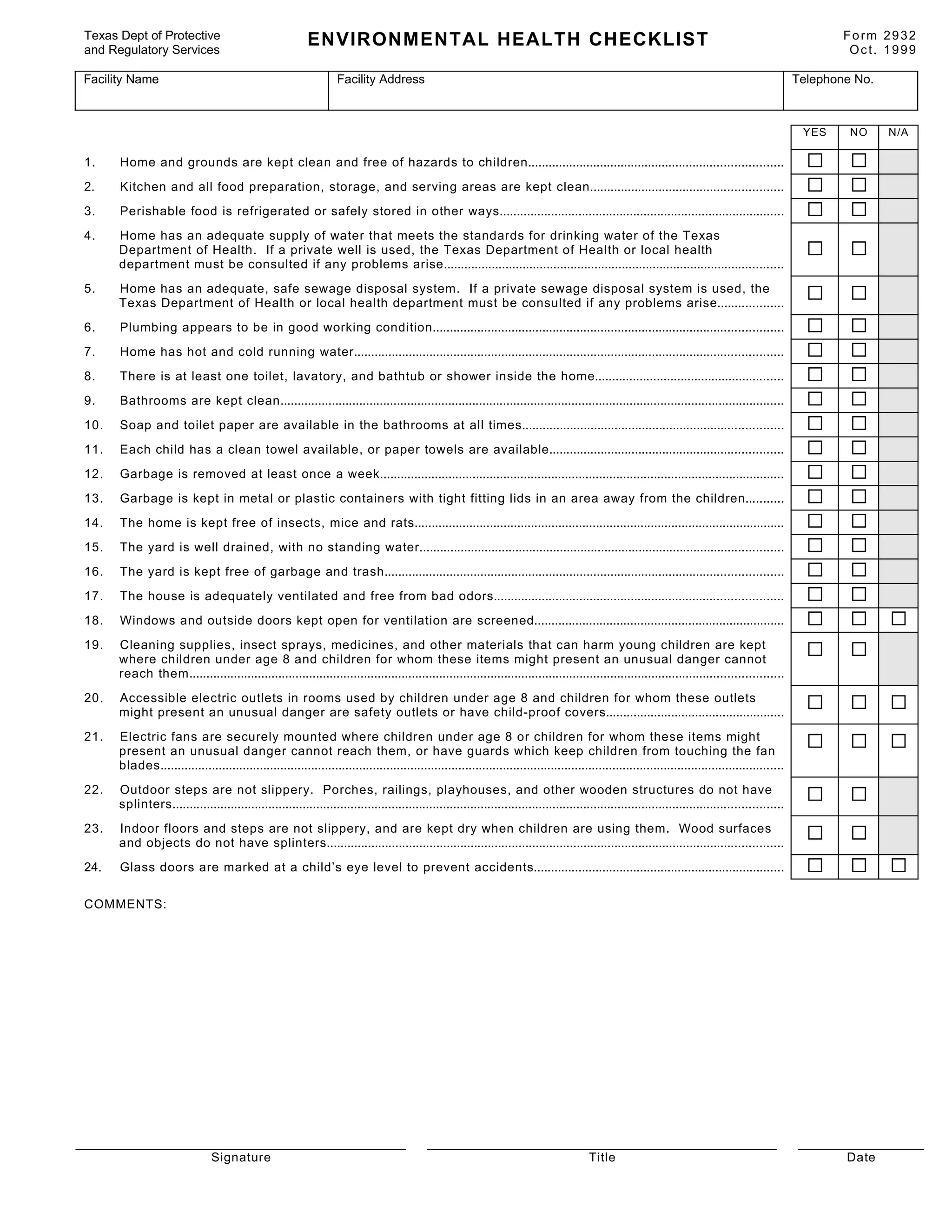 DFPS Environmental Health Inspection Checklist | DOC