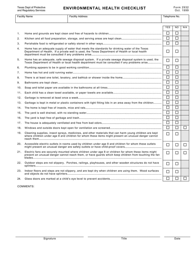 DFPS Environmental Health Inspection Checklist | DOC | Bath and Shower ...