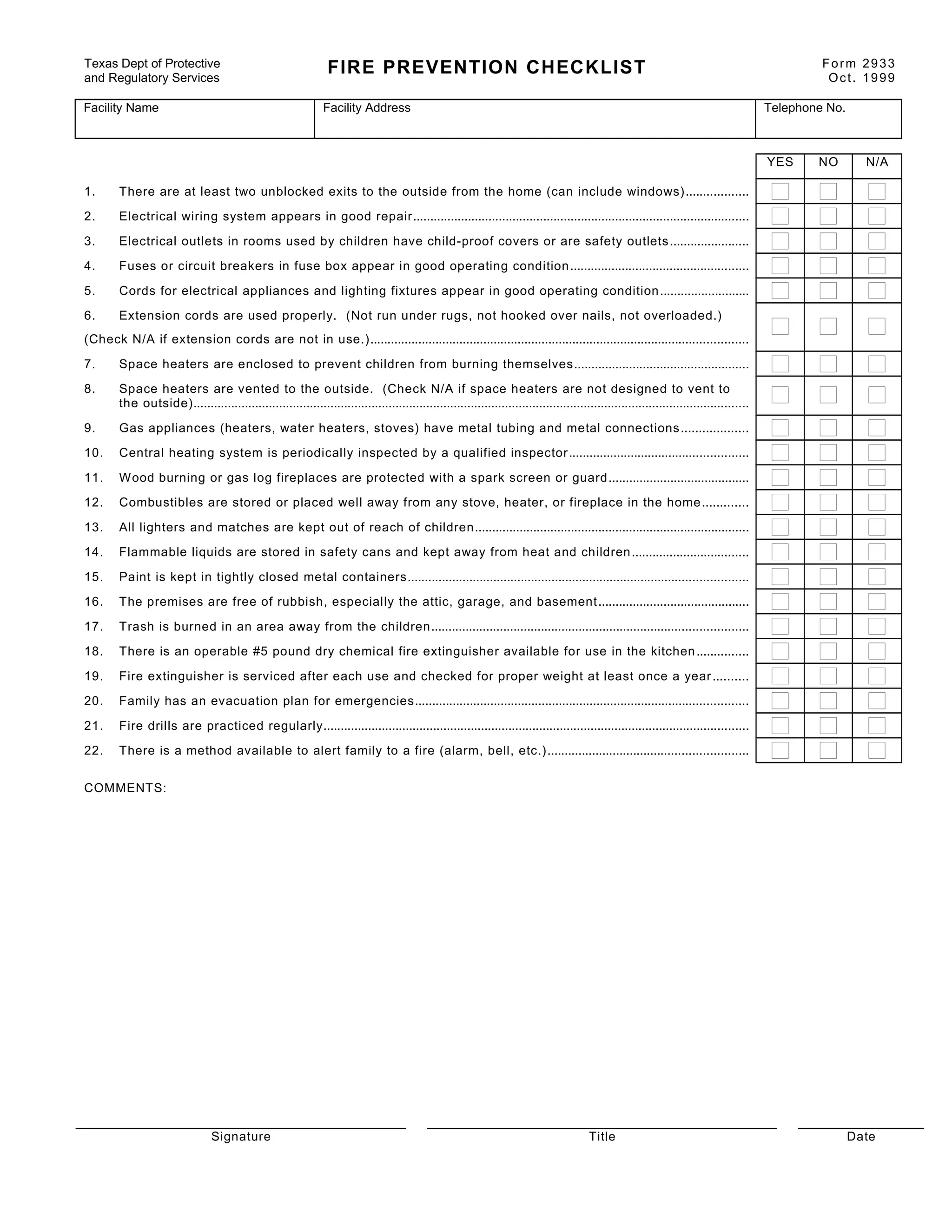 DFPS Fire Prevention Checklist | DOC