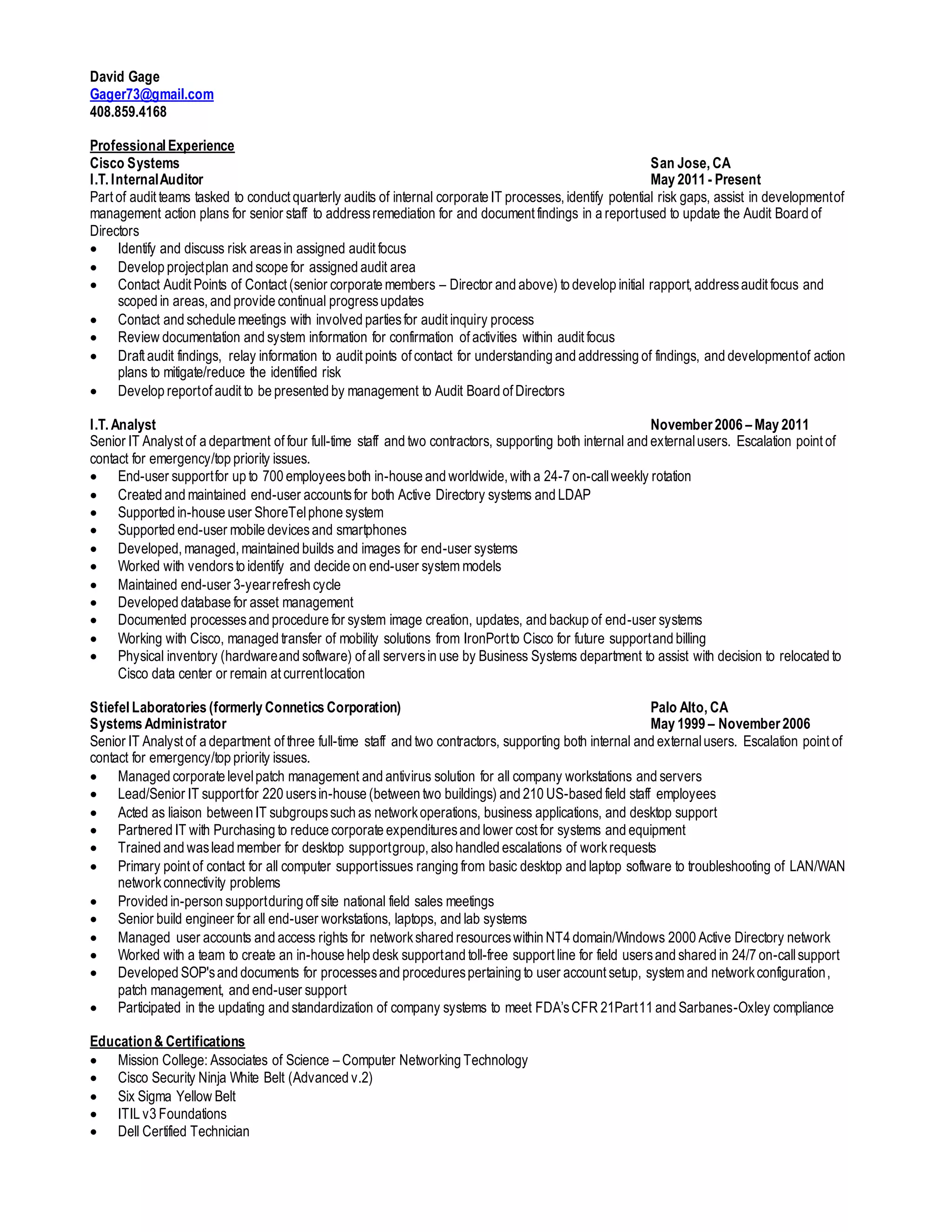 David Gage - Professional Resume | DOCX