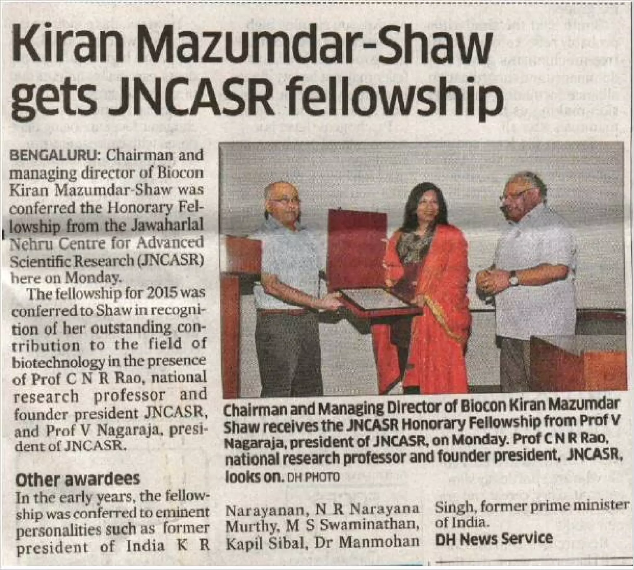 Kiran Mazumdar-Shaw gets JNCASR fellowship | PPT