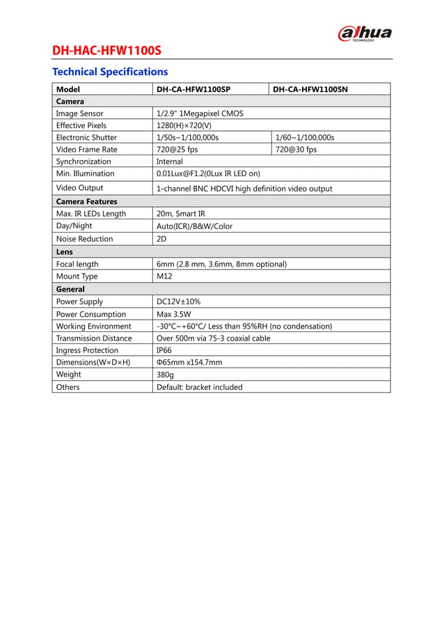 Dh hac-hfw1100 s | PDF | Cameras and Camcorders | Consumer Electronics