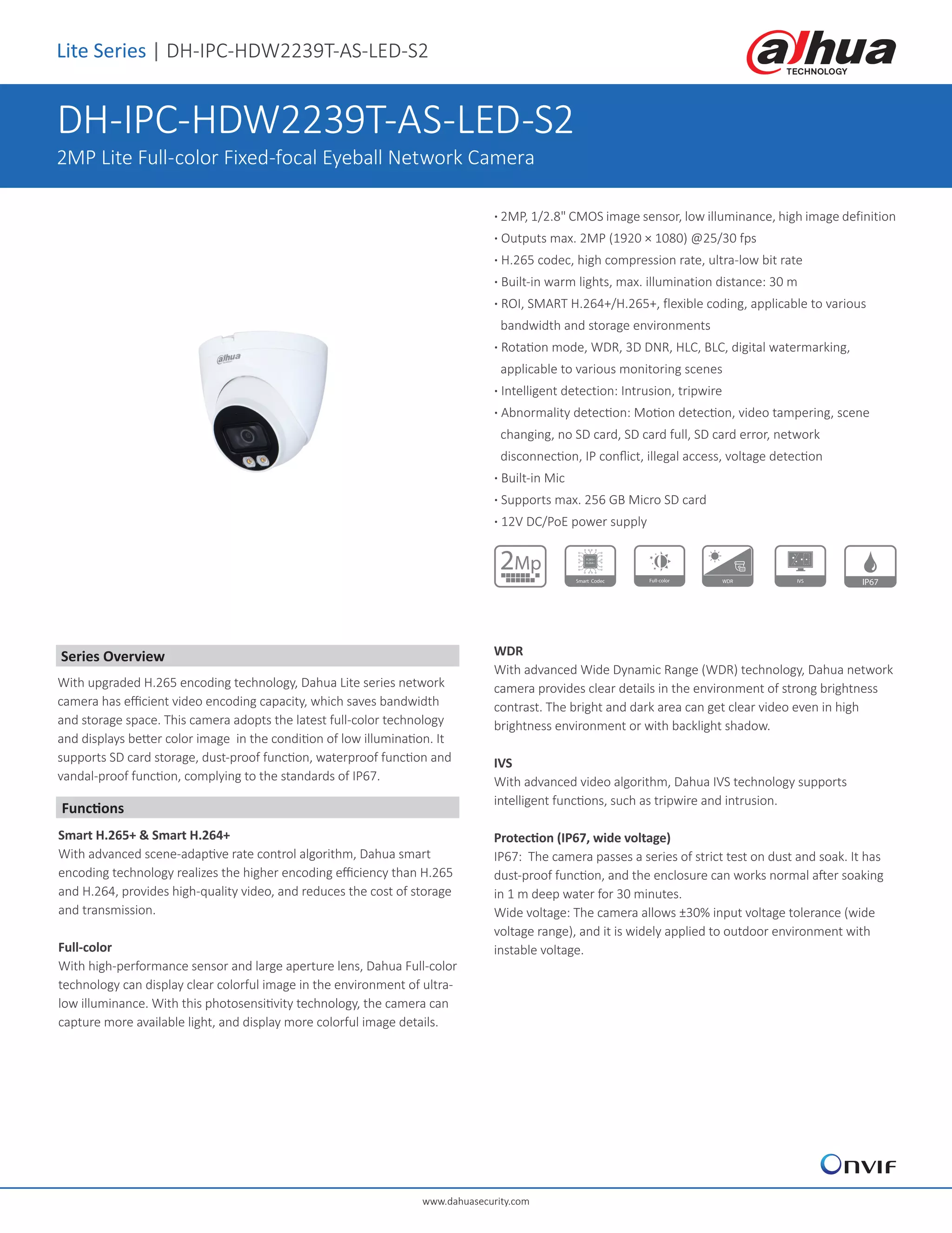 Camera Dahua DH-IPC-HDW2239TP-AS-LED-S2 datasheet | PDF