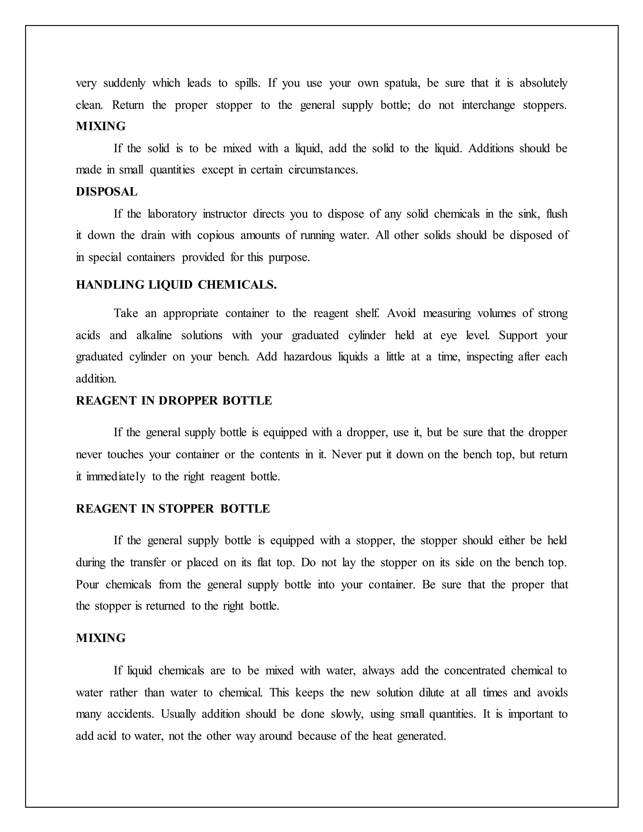PREPARING CHEMICAL SOLUTIONS – MEASURING AND HANDLING SOLID CHEMICALS ...