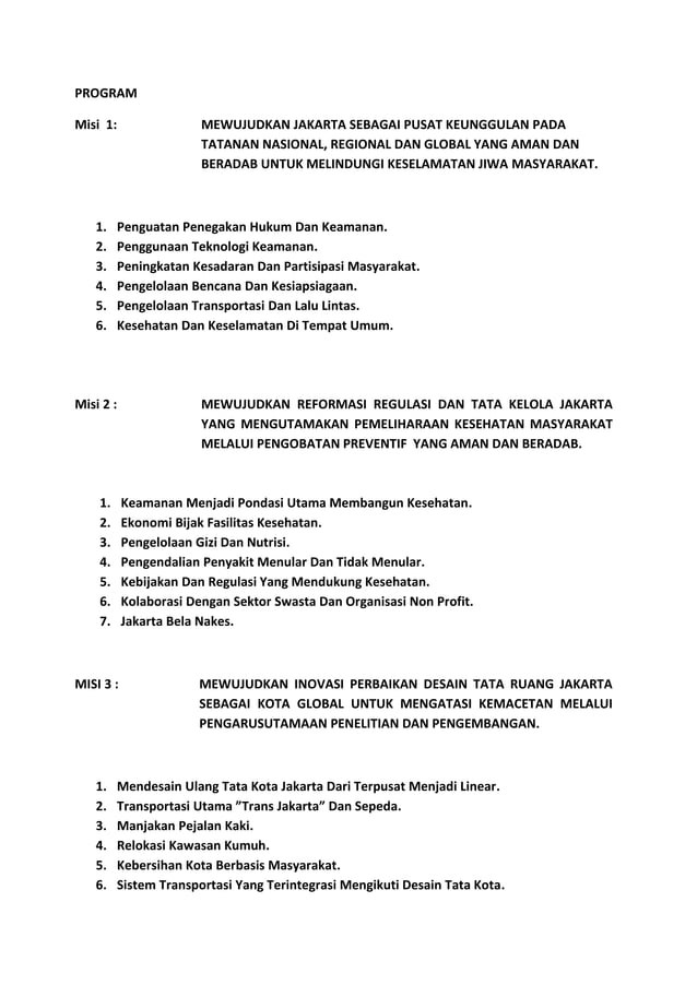Visi Misi Dharma-Kun di Pilkada Jakarta 2024 | PDF