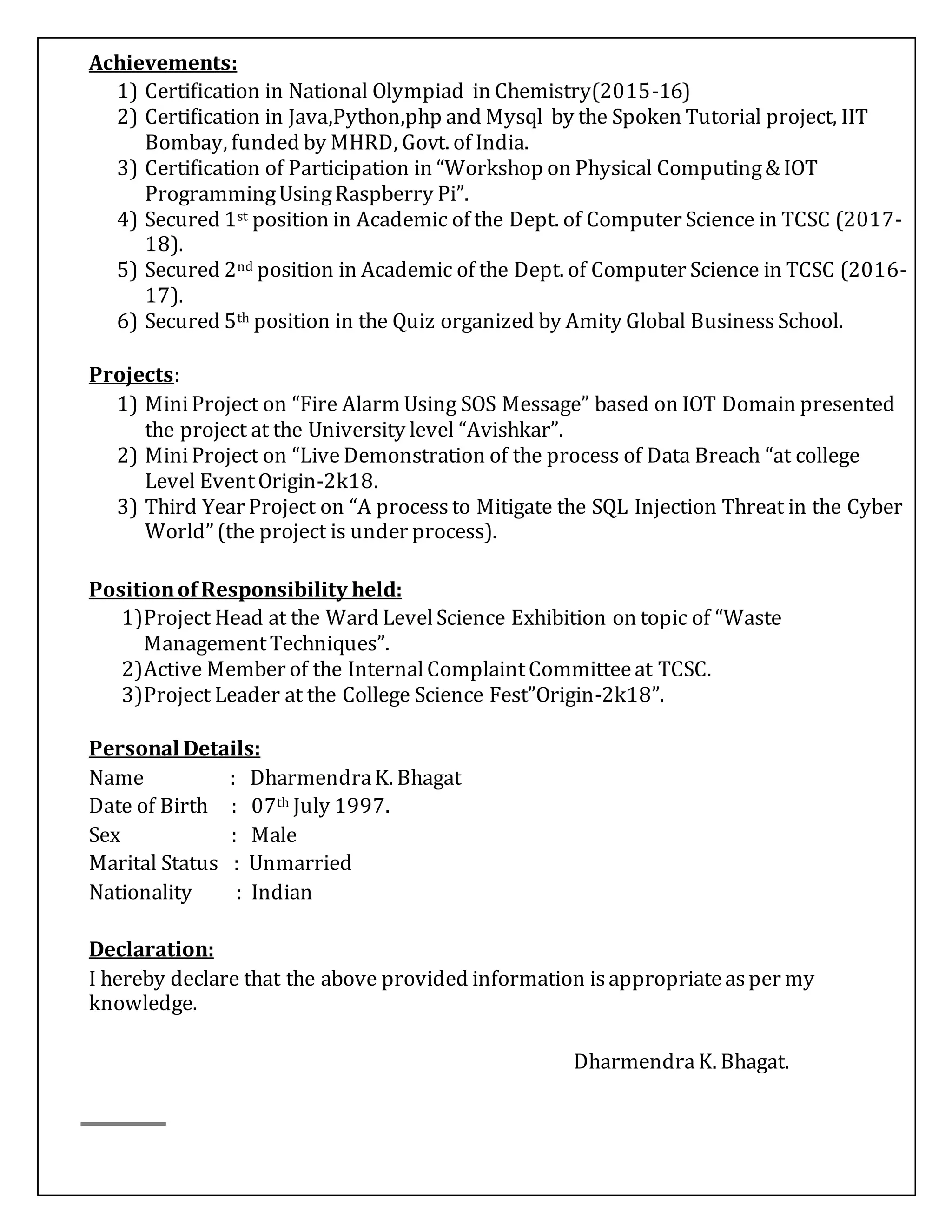 Dharmendra resume | DOCX