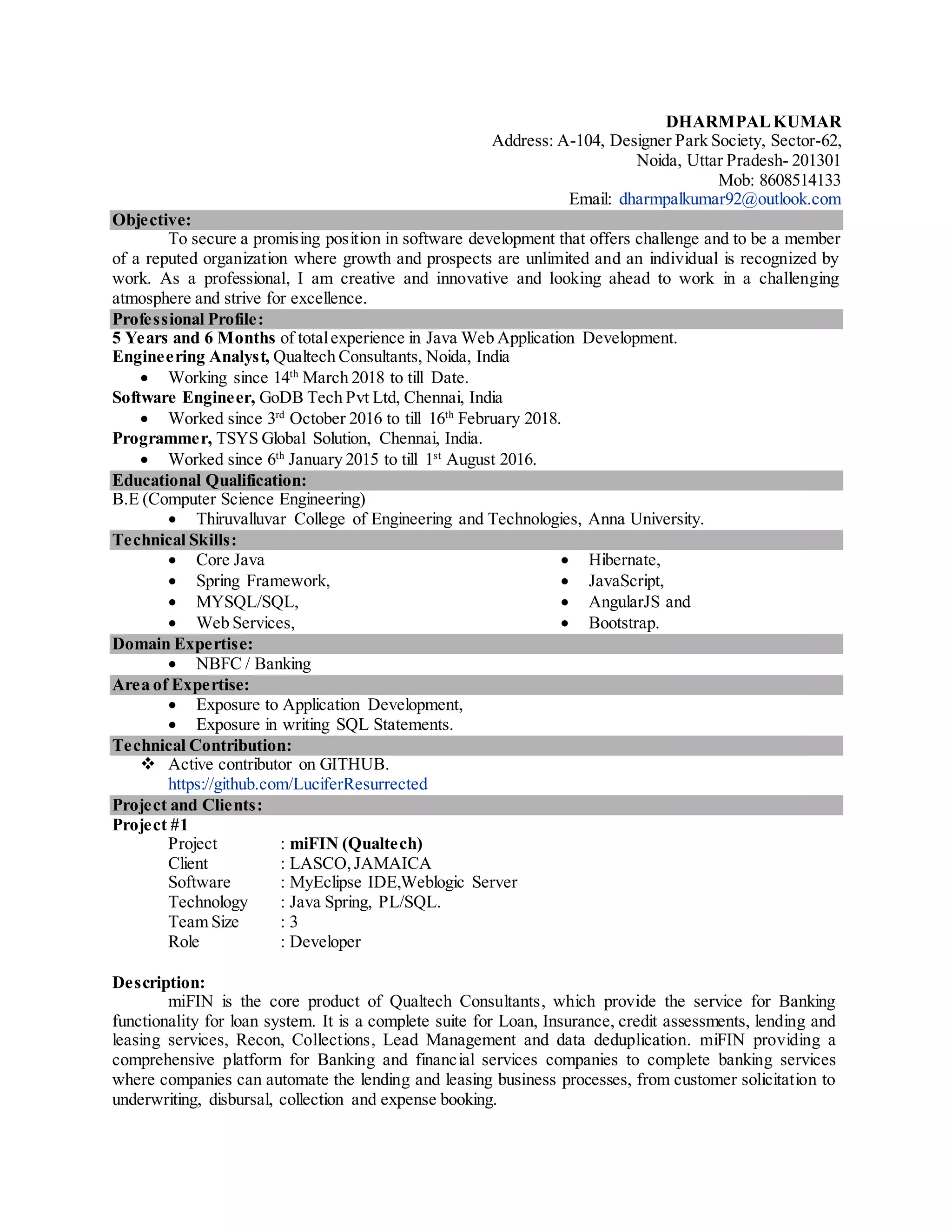 Dharmpal java resume | DOCX