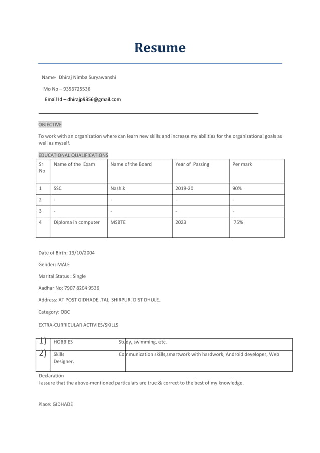 Dhiraj Suryawanshi CV | DOCX | Resume Writing and Advice | Job Search