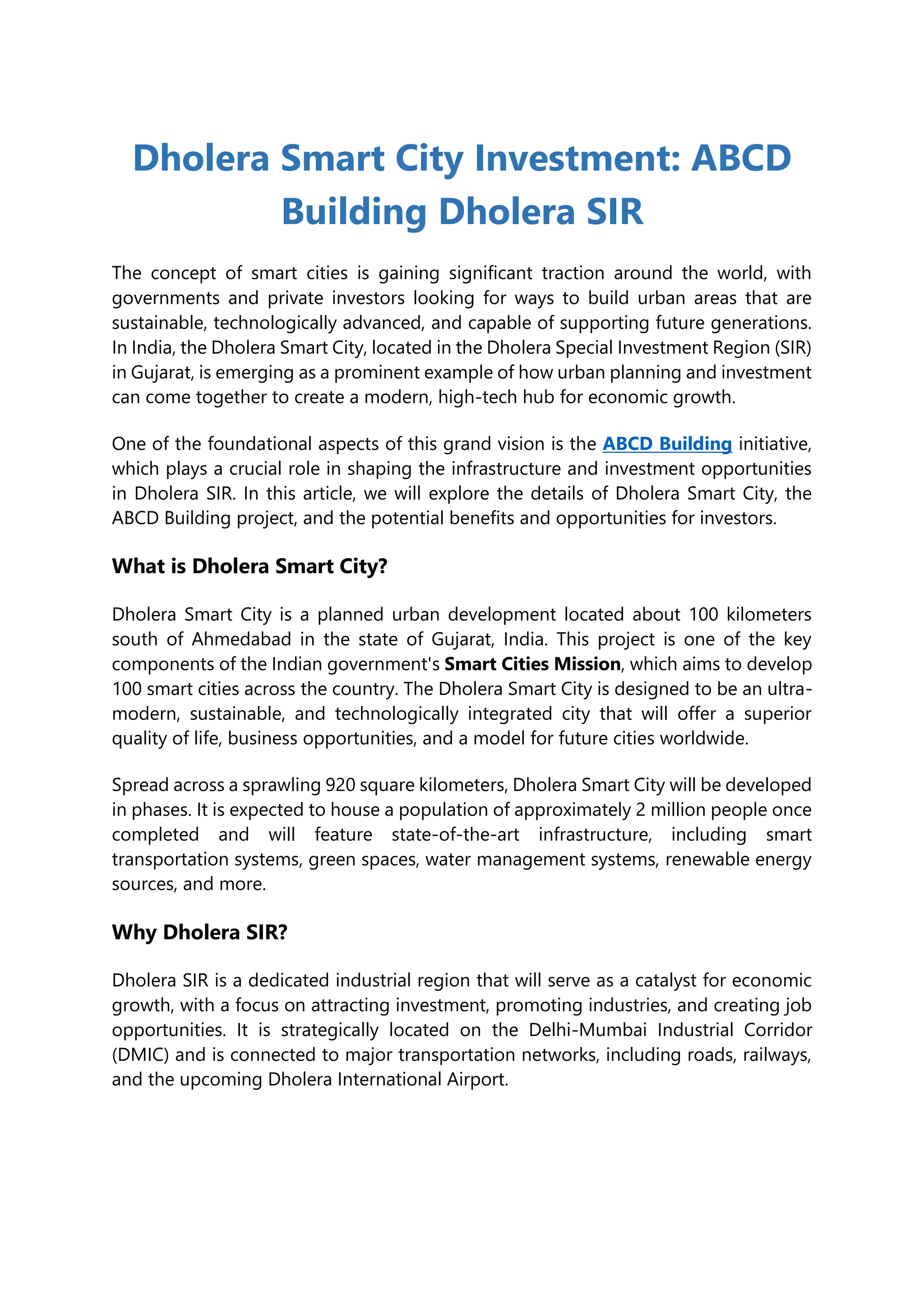 Dholera Smart City Investment: ABCD Building Dholera SIR | PDF