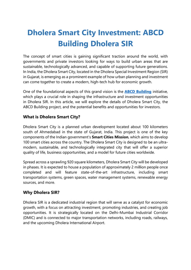 Dholera Smart City Investment: ABCD Building Dholera SIR | PDF