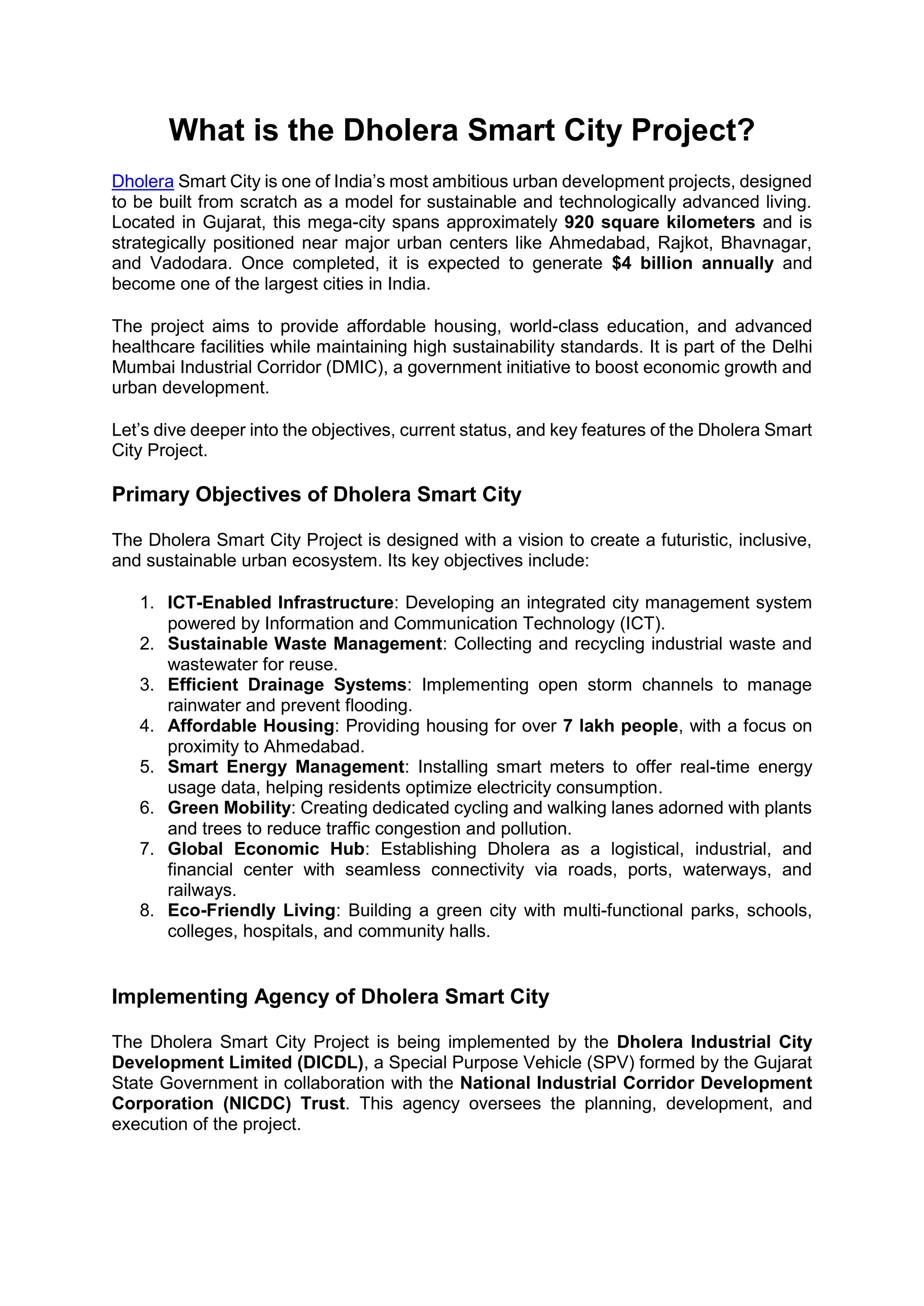 Dholera SIR the Dholera Smart City Project | PDF