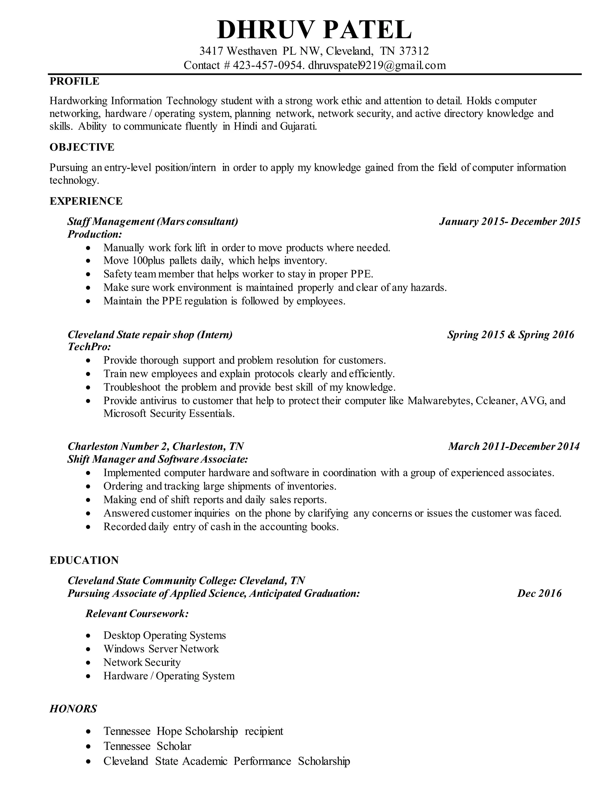 Dhruv patel resume (2016) | PDF